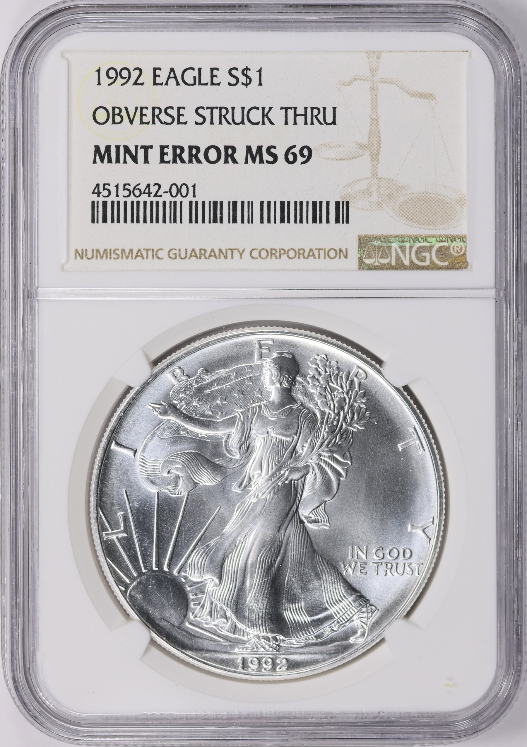 Mint Error 1992 $1 Silver Eagle Obverse Struck Through NGC MS-69 | NGC Cert #4515642-001 ...