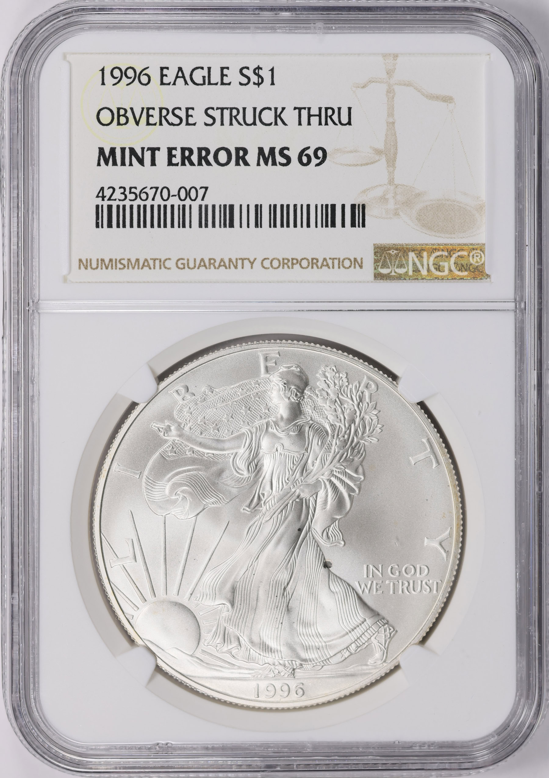 Mint Error 1996 $1 Silver Eagle Obverse Struck Through NGC MS-69 | NGC Cert #4235670-007 ...