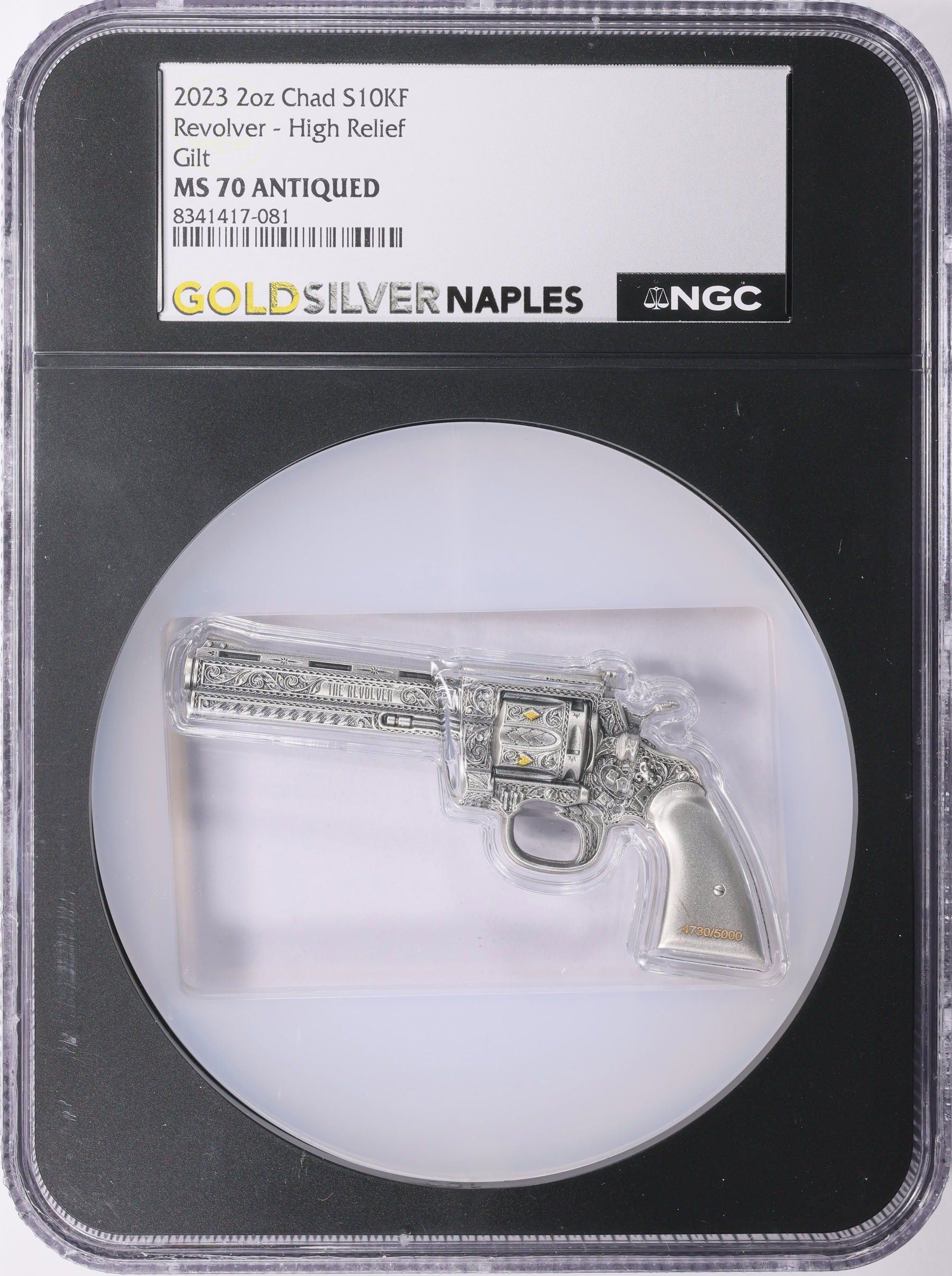 Chad 2023 Gilt Silver 10,000 Francs High Relief Revolver Antiqued NGC ...