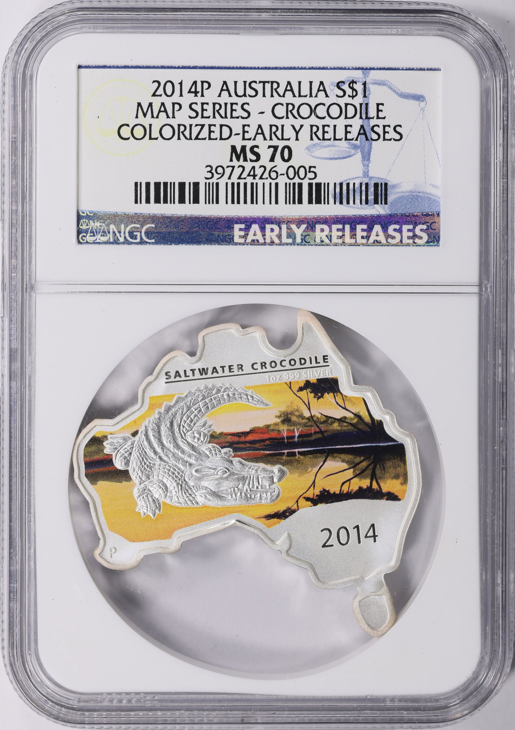 Australia 2014-P Colorized Silver Dollar Map Series Crocodile Early ...