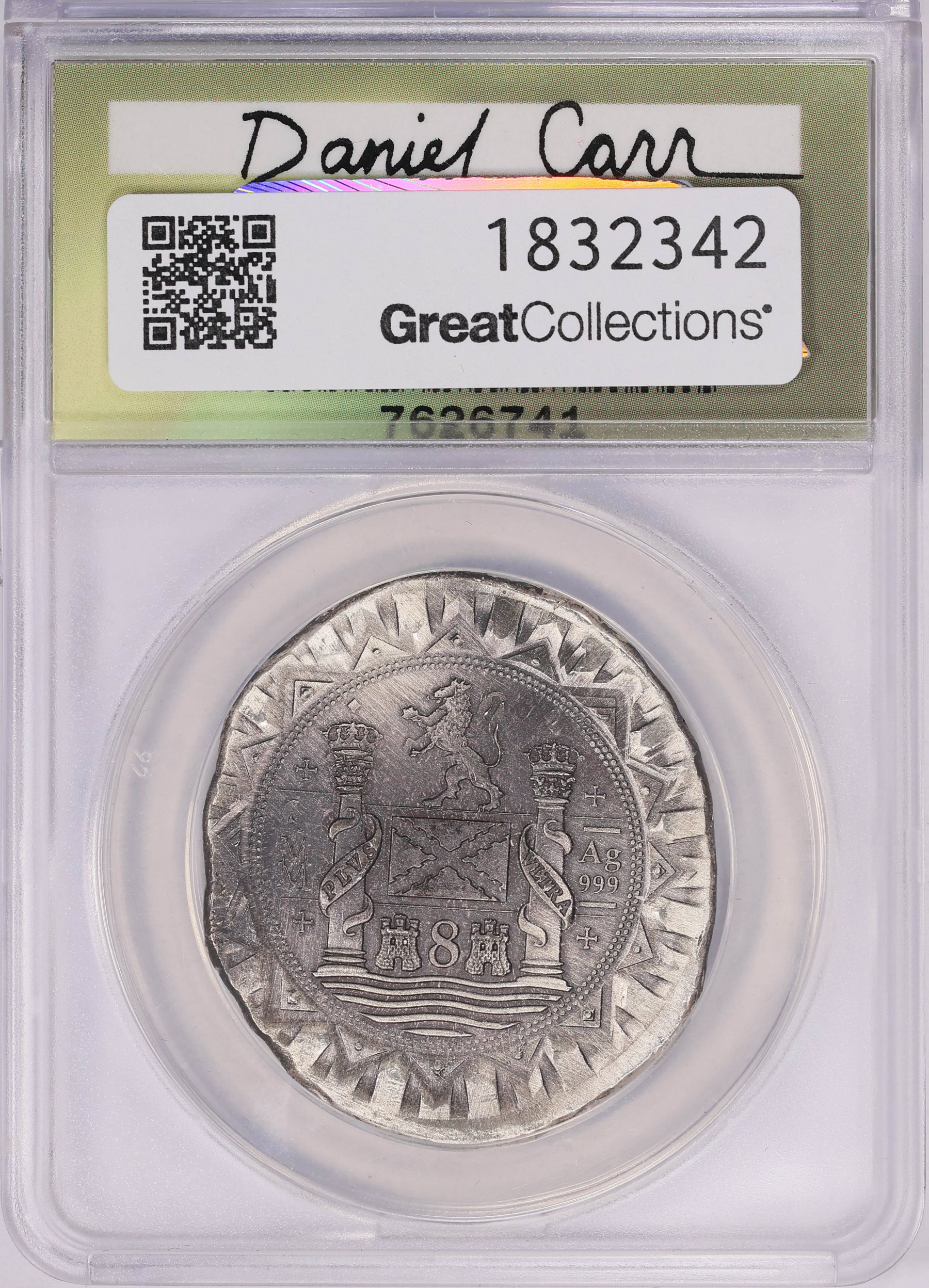 1622 (2015) Daniel Carr Token Atocha Cob 8 Reales Antiqued ANACS MS-67 ...