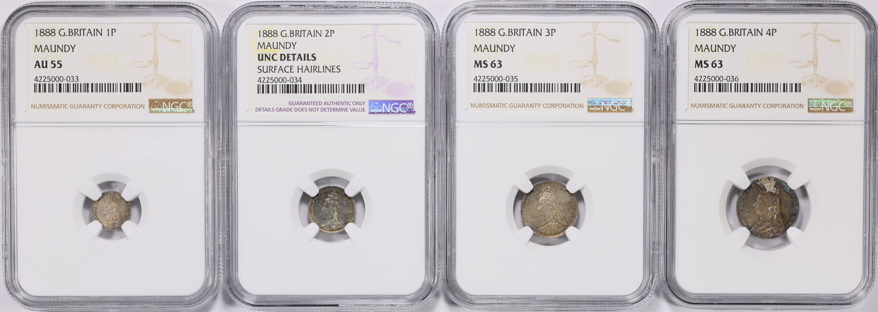 Great Britain 1888 Silver 1p, 2p, 3p & 4p Maundy Set KM-MDS143 NGC Unc ...