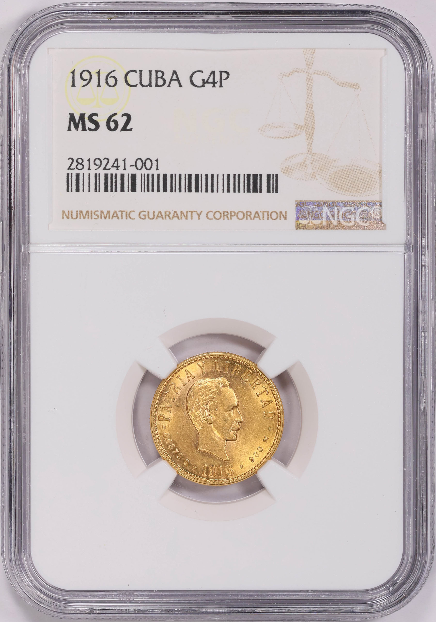 Cuba 1916 Gold 4 Pesos KM-18 NGC MS-62 (AGW = 0.1935 oz.) (Item 1832498 ...
