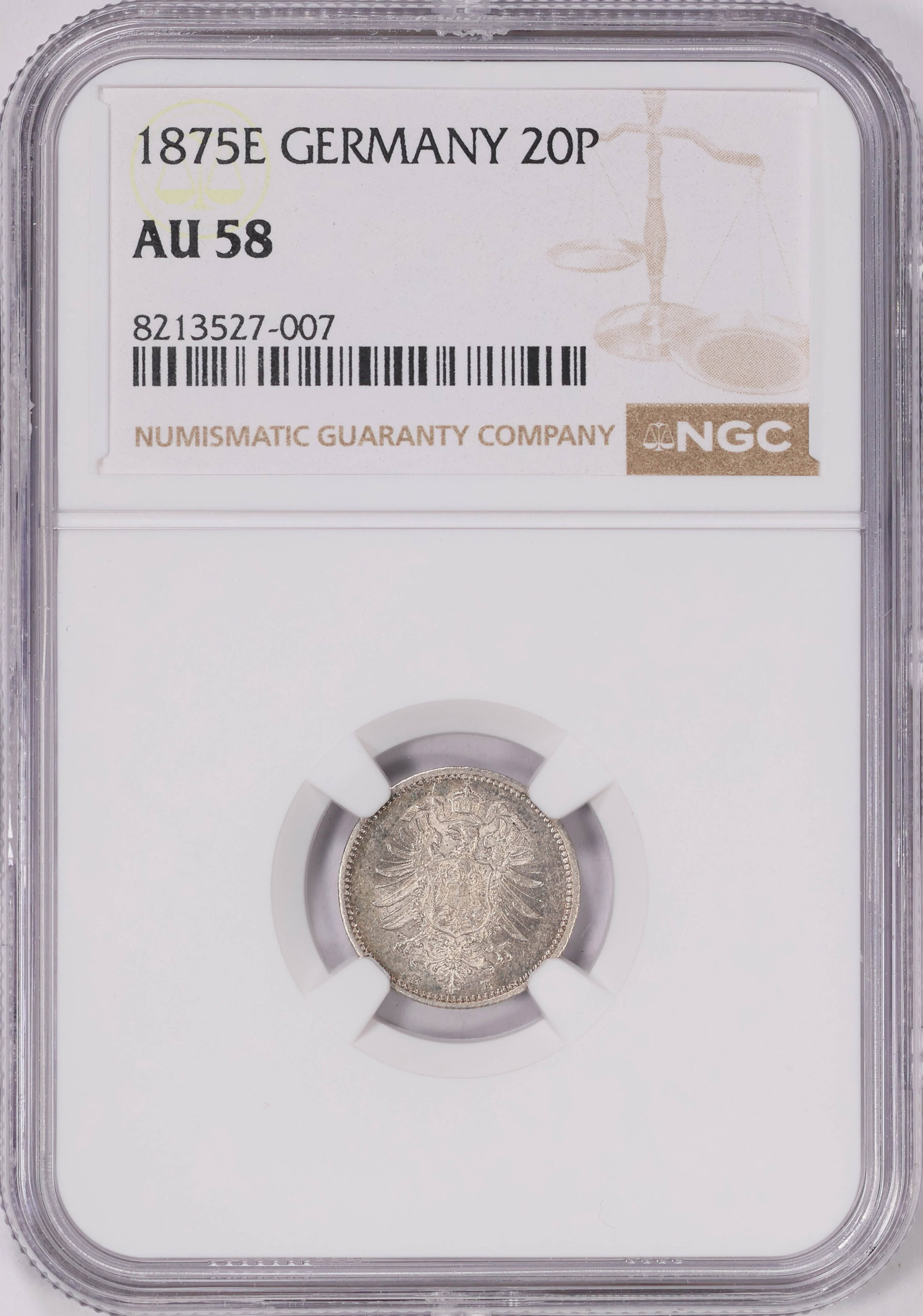 Germany 1875-E Silver 20 Pfennig KM-5 NGC AU-58 | NGC Cert #8213527-007 ...
