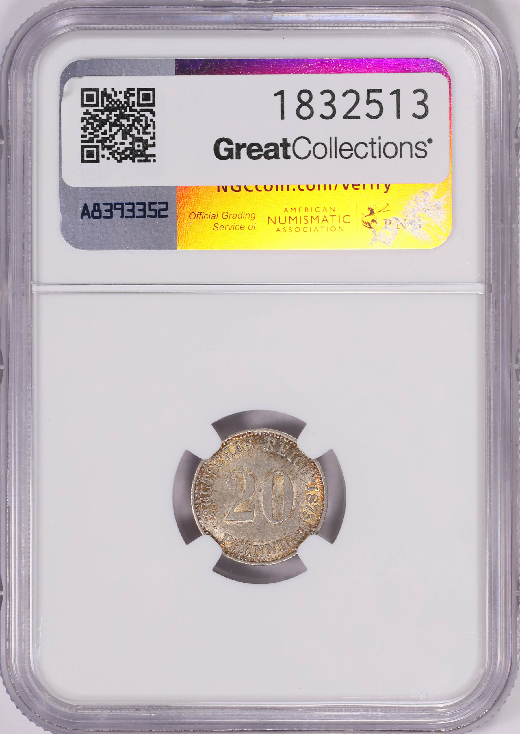 Germany 1875-E Silver 20 Pfennig KM-5 NGC AU-58 | NGC Cert #8213527-007 ...