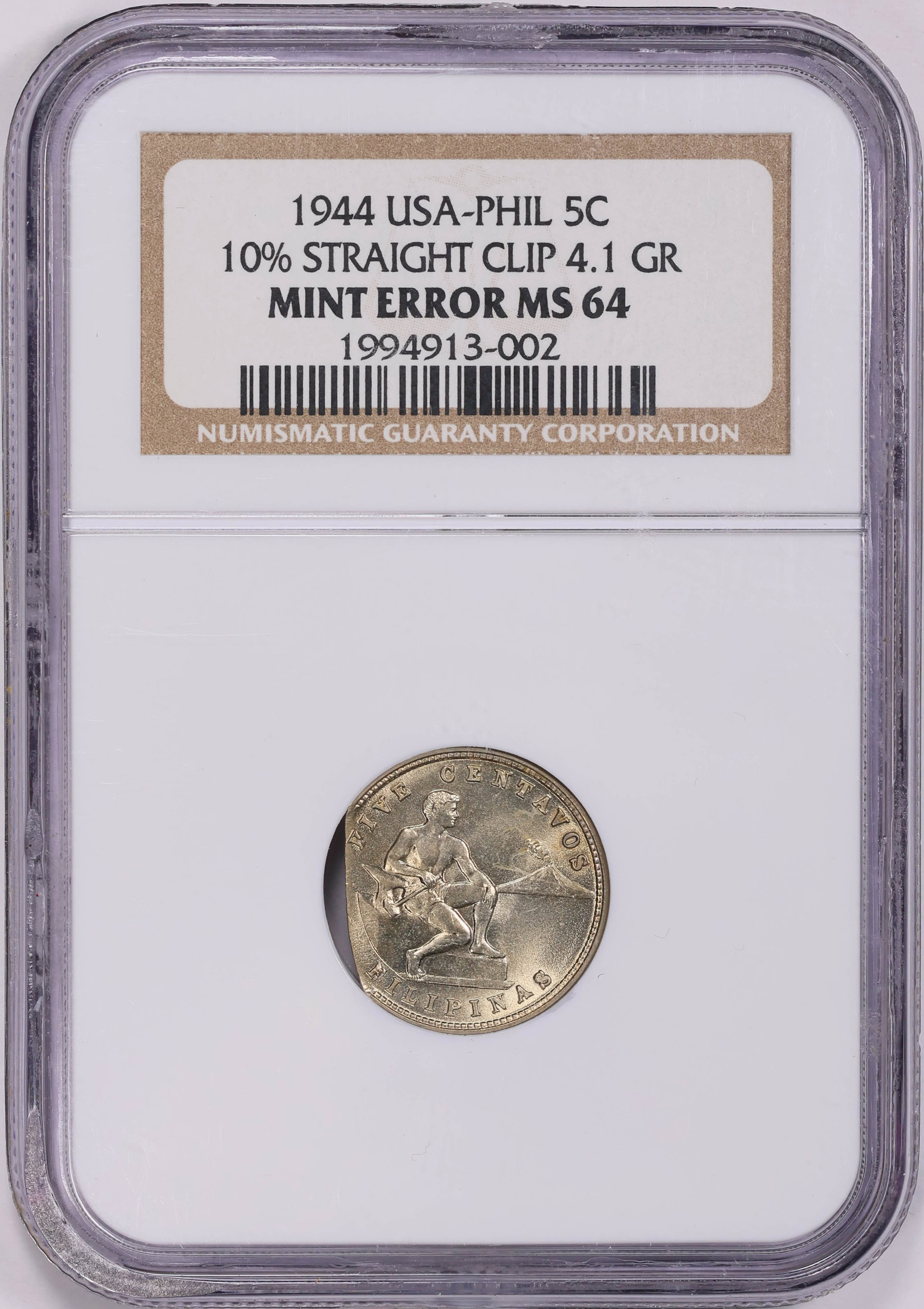Mint Error US Philippines 1944 5 Centavos 10% Straight Clip NGC MS-64 (4.1gms) | NGC Cert ...