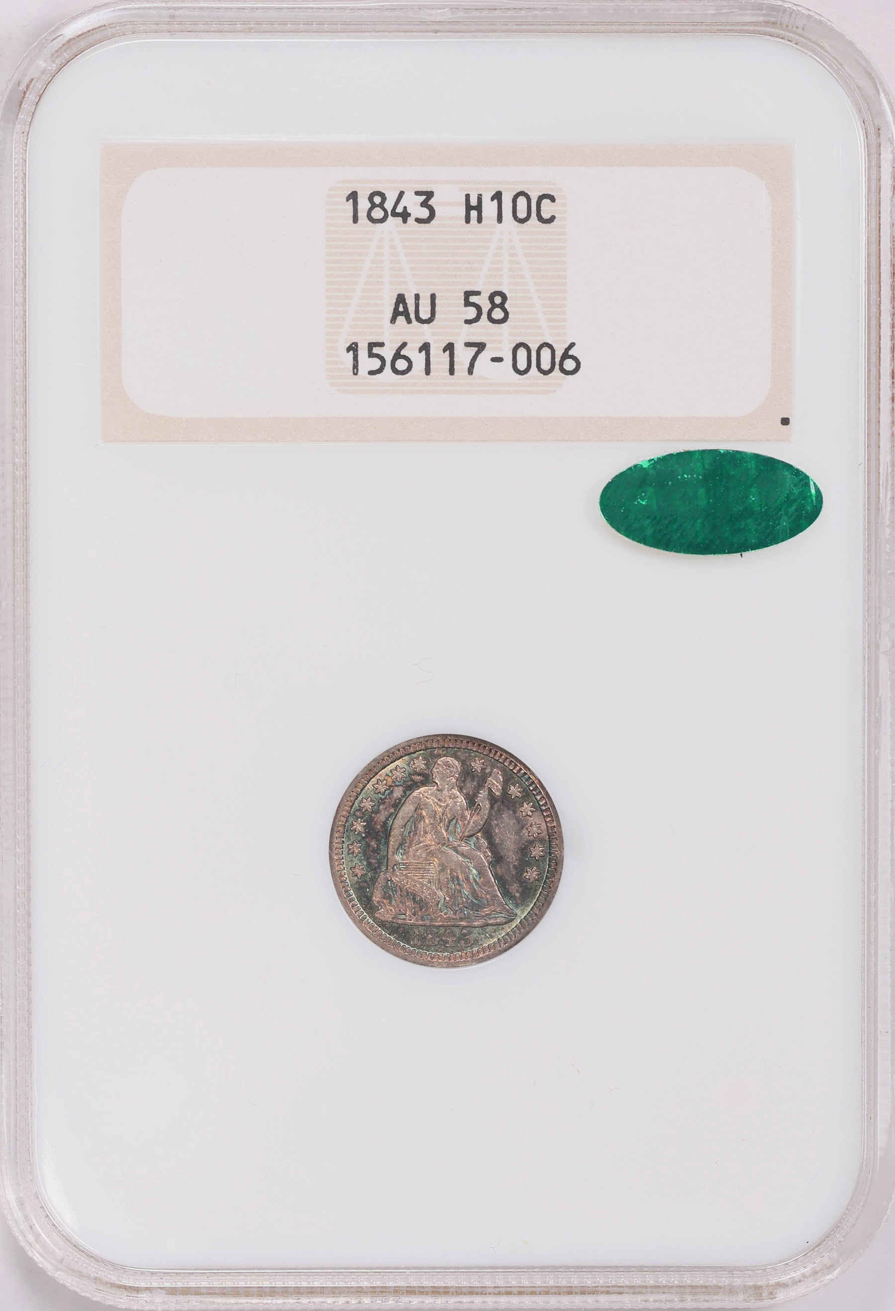 1843 Seated Liberty Half Dime NGC AU-58 (CAC Green) OH (Toned) (Item 1832607) | GreatCollections ...