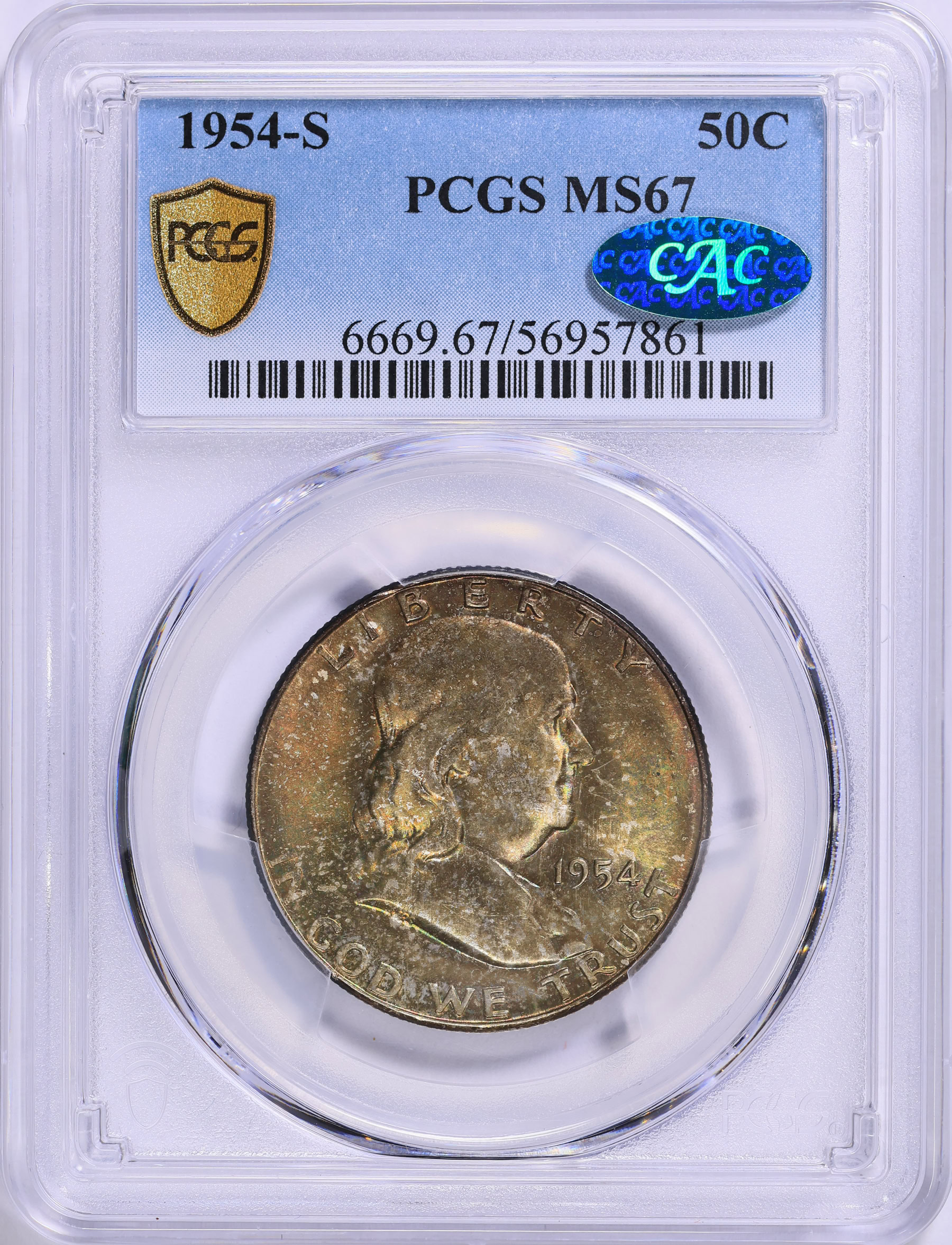 1954-S Franklin Half Dollar PCGS MS-67 (CAC Green) (Toned) (Item 1832714) | GreatCollections ...