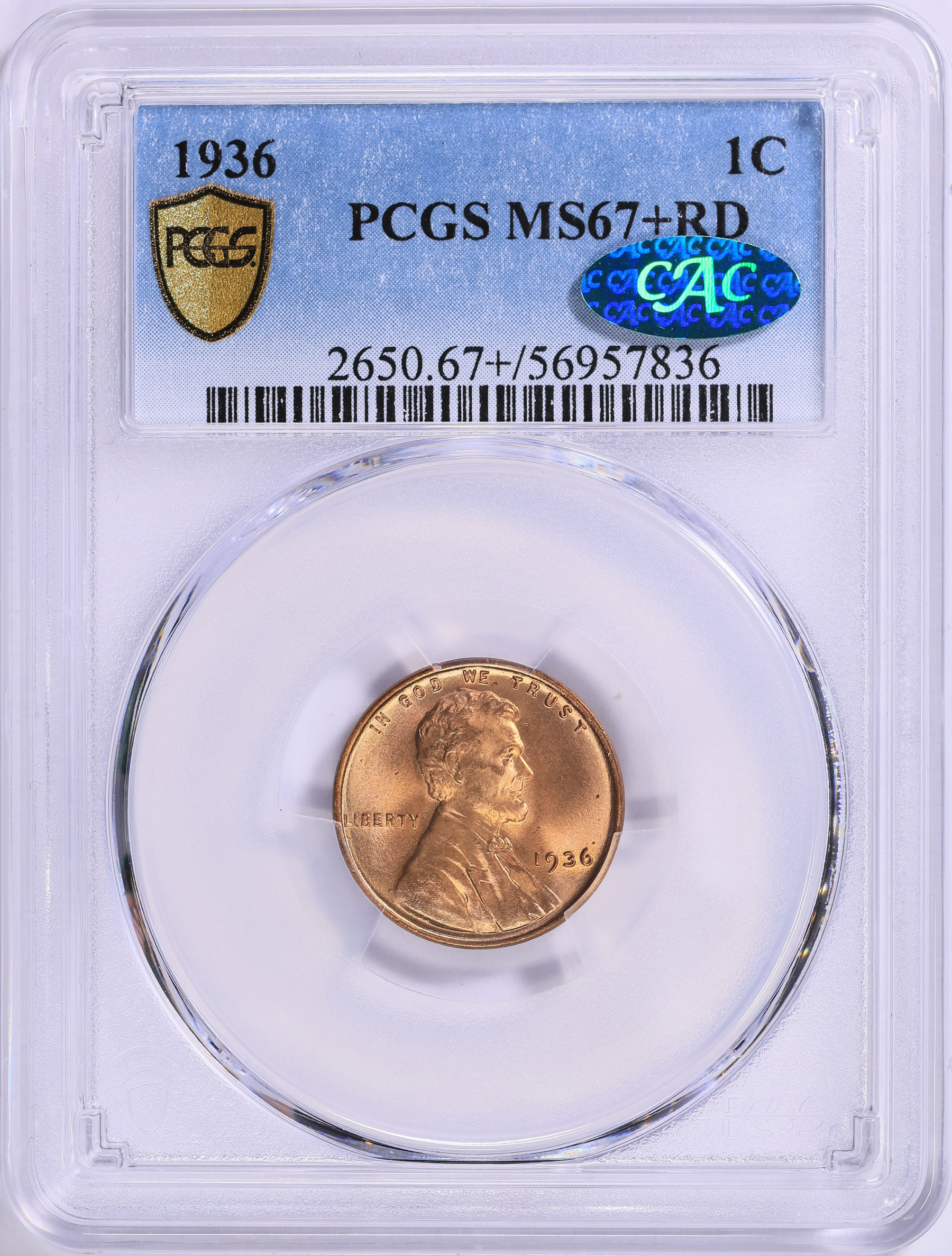 1936 Lincoln Cent PCGS MS-67+ RD (CAC Green) (Item 1832718) | GreatCollections Coin Auctions