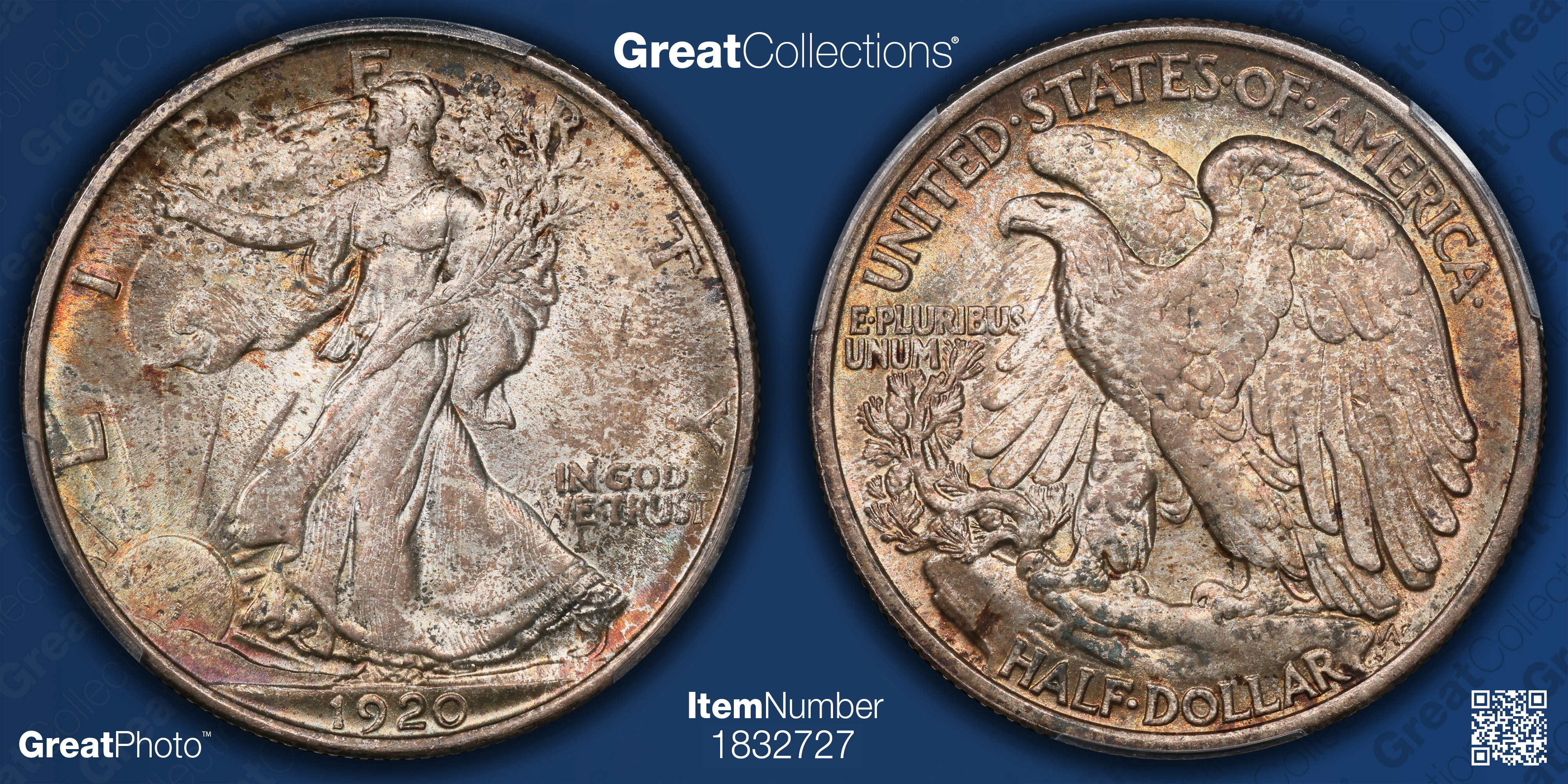 1920 Walking Liberty Half Dollar PCGS MS-65 (CAC Green) (Toned) (Item ...