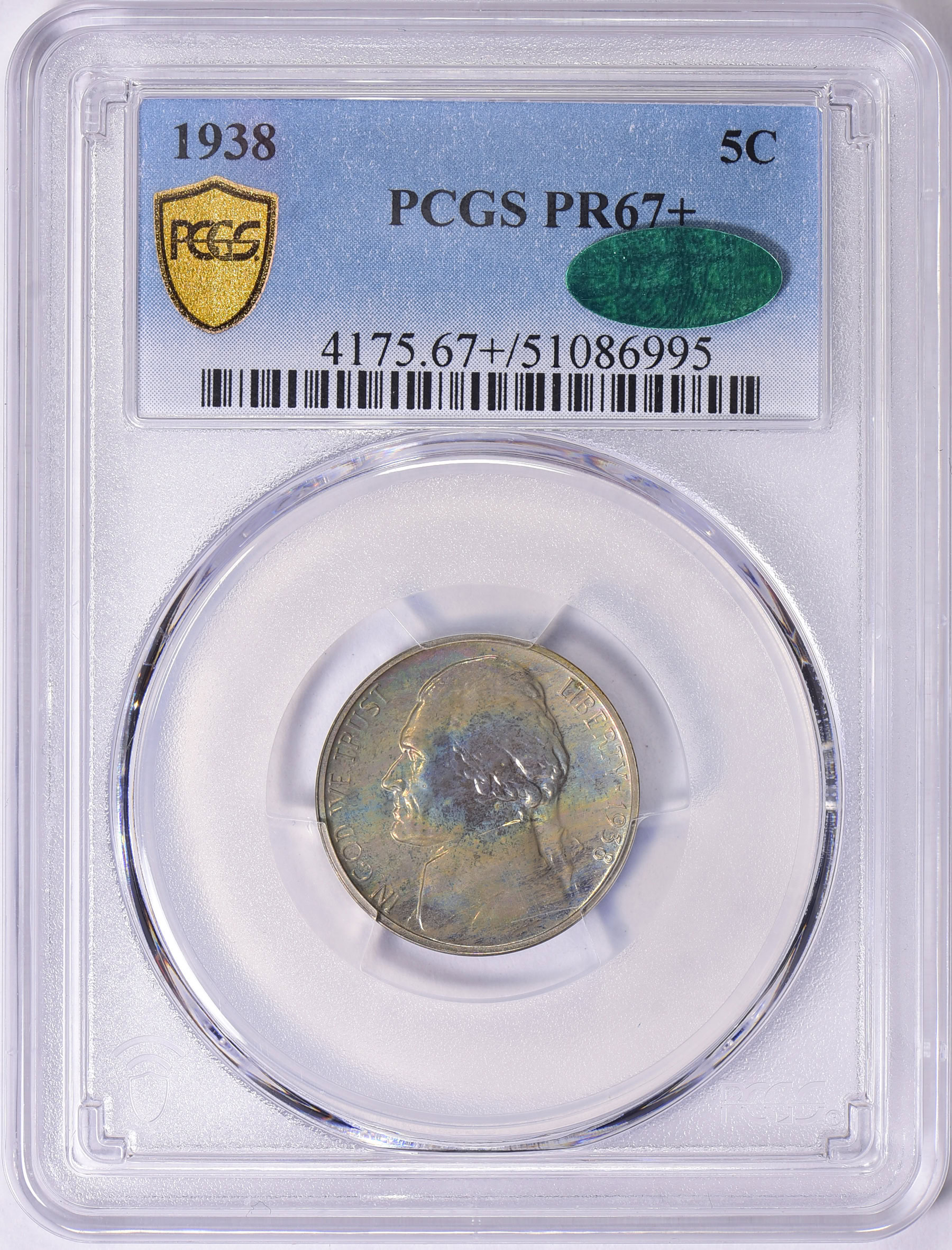 1938 Jefferson Nickel PCGS Proof-67+ (CAC Green) (Toned) (Item 1832729 ...