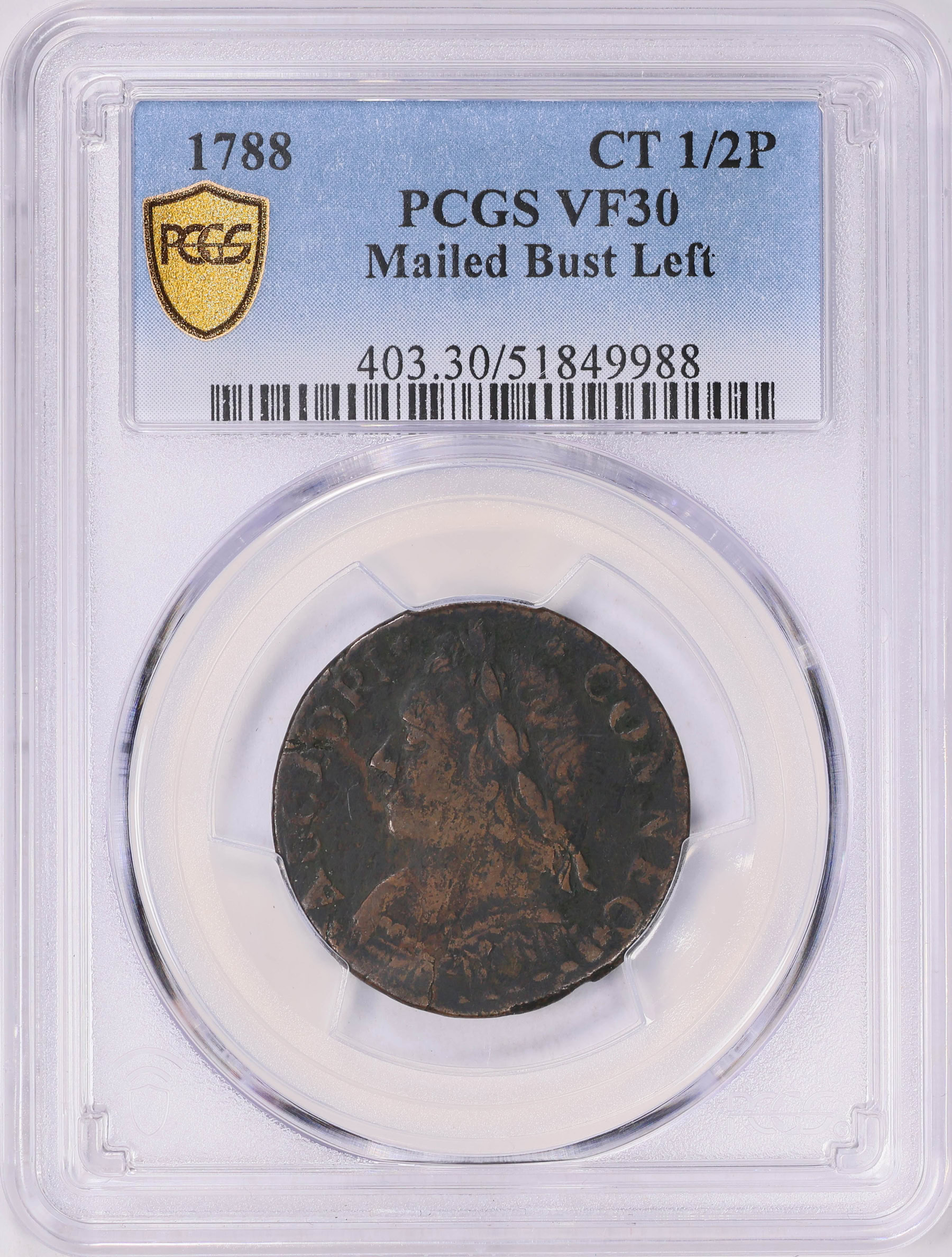 1788 Connecticut Copper Mailed Bust Left PCGS VF-30 (Item 1832735 ...