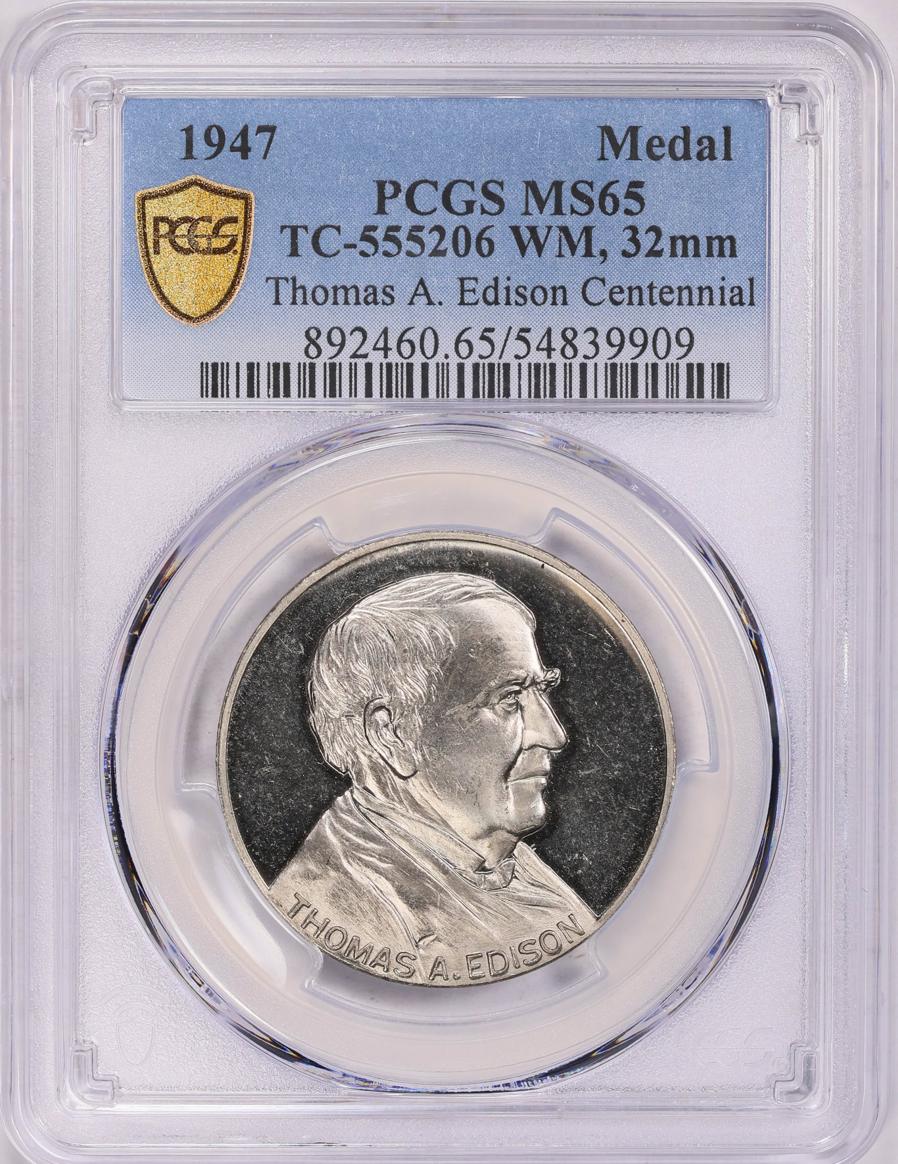 1947 White Metal 32mm Thomas A. Edison Centennial Medal PCGS MS-65 ...