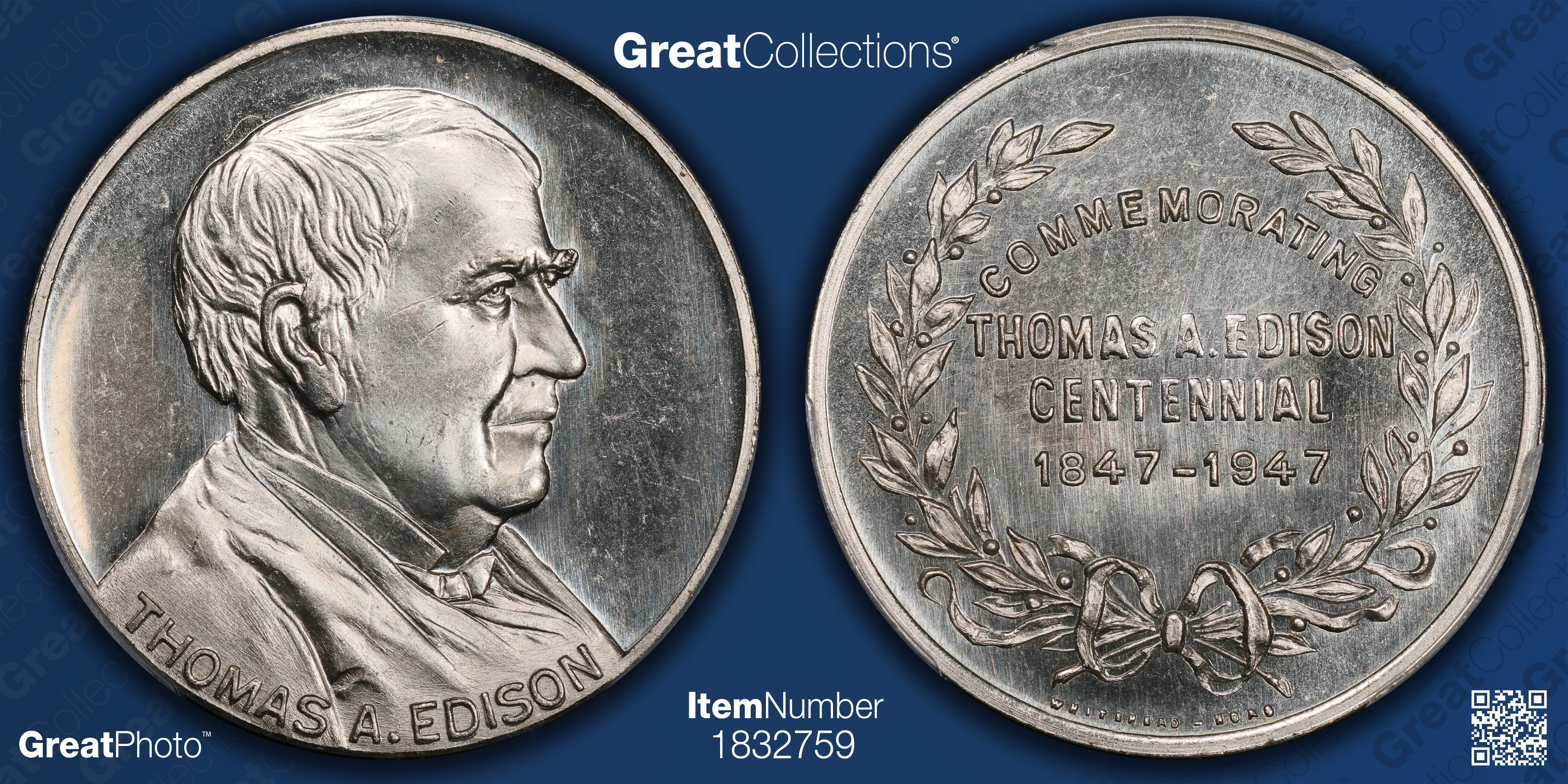 1947 White Metal 32mm Thomas A. Edison Centennial Medal PCGS MS-65 ...
