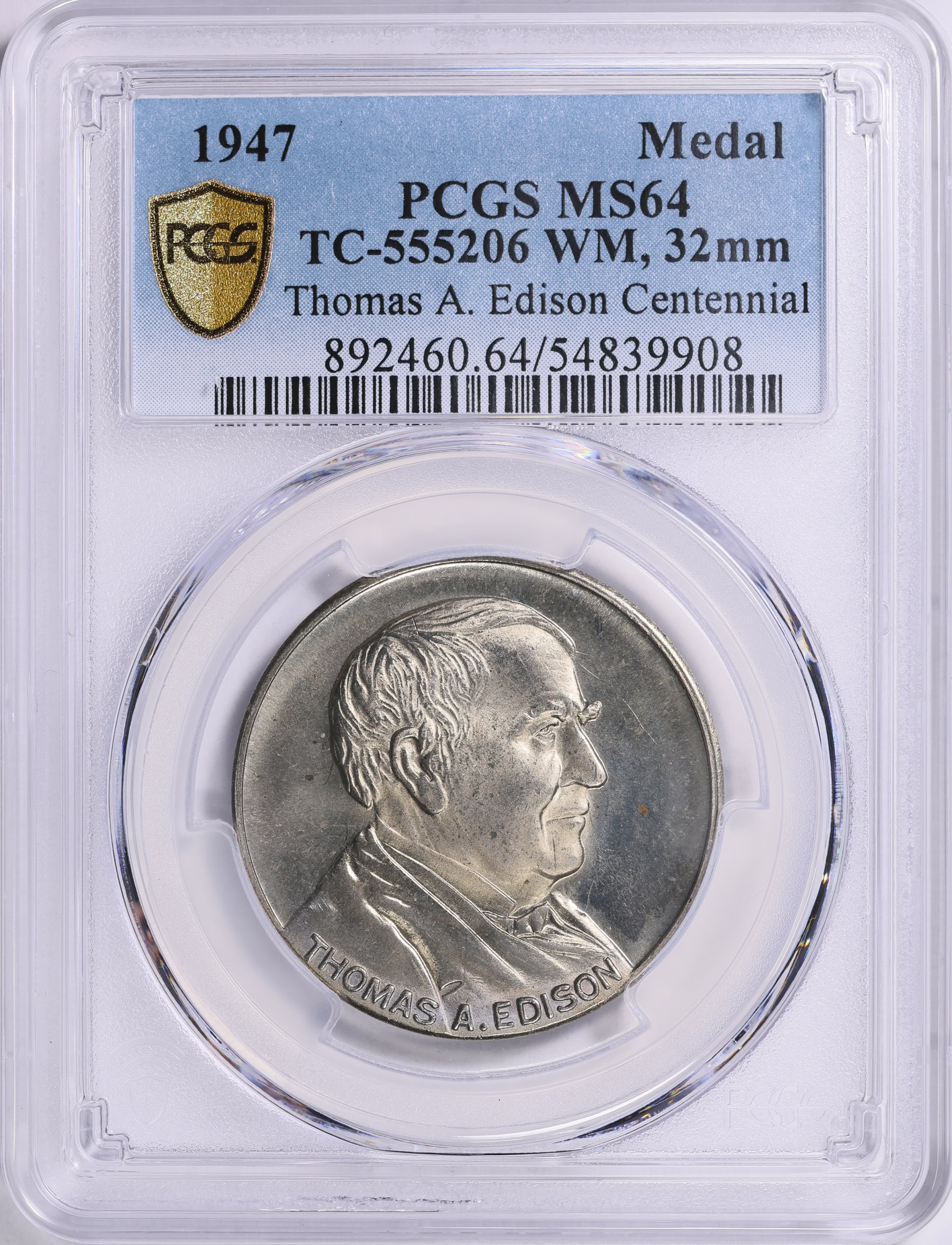 1947 White Metal 32mm Thomas A. Edison Centennial Medal PCGS MS-64 ...
