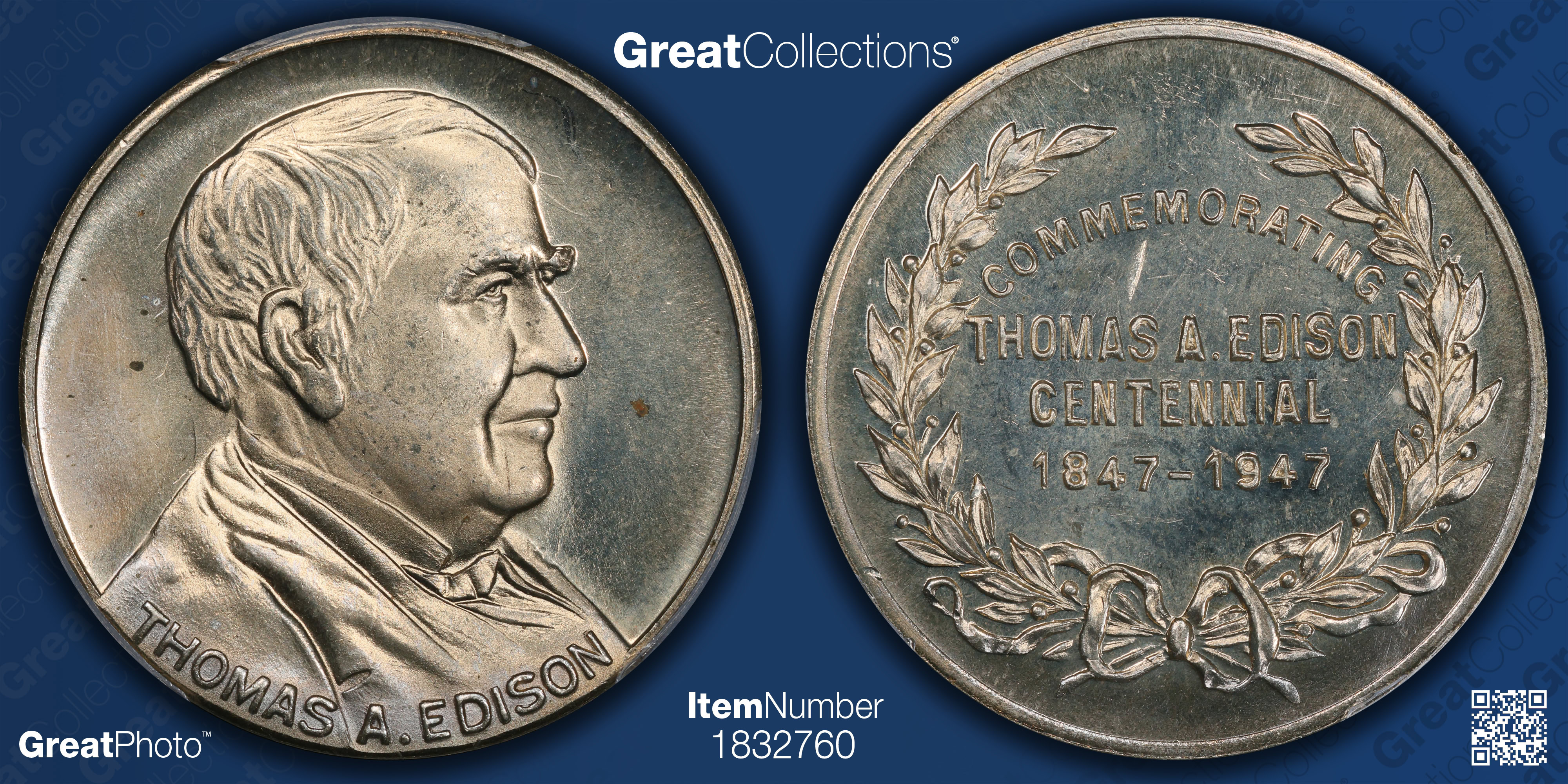 1947 White Metal 32mm Thomas A. Edison Centennial Medal PCGS MS-64 ...