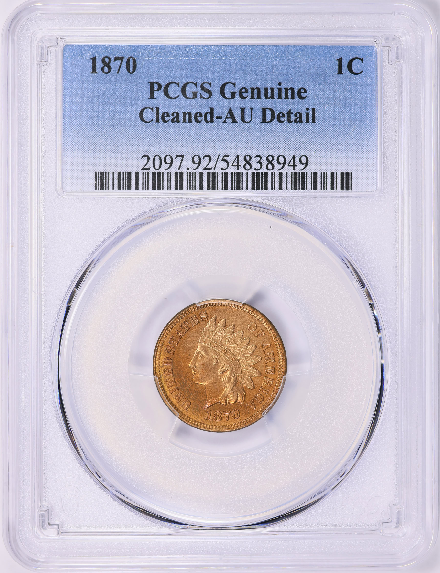 1870 Indian Cent PCGS Genuine AU Details (Item 1832844) | GreatCollections Coin Auctions