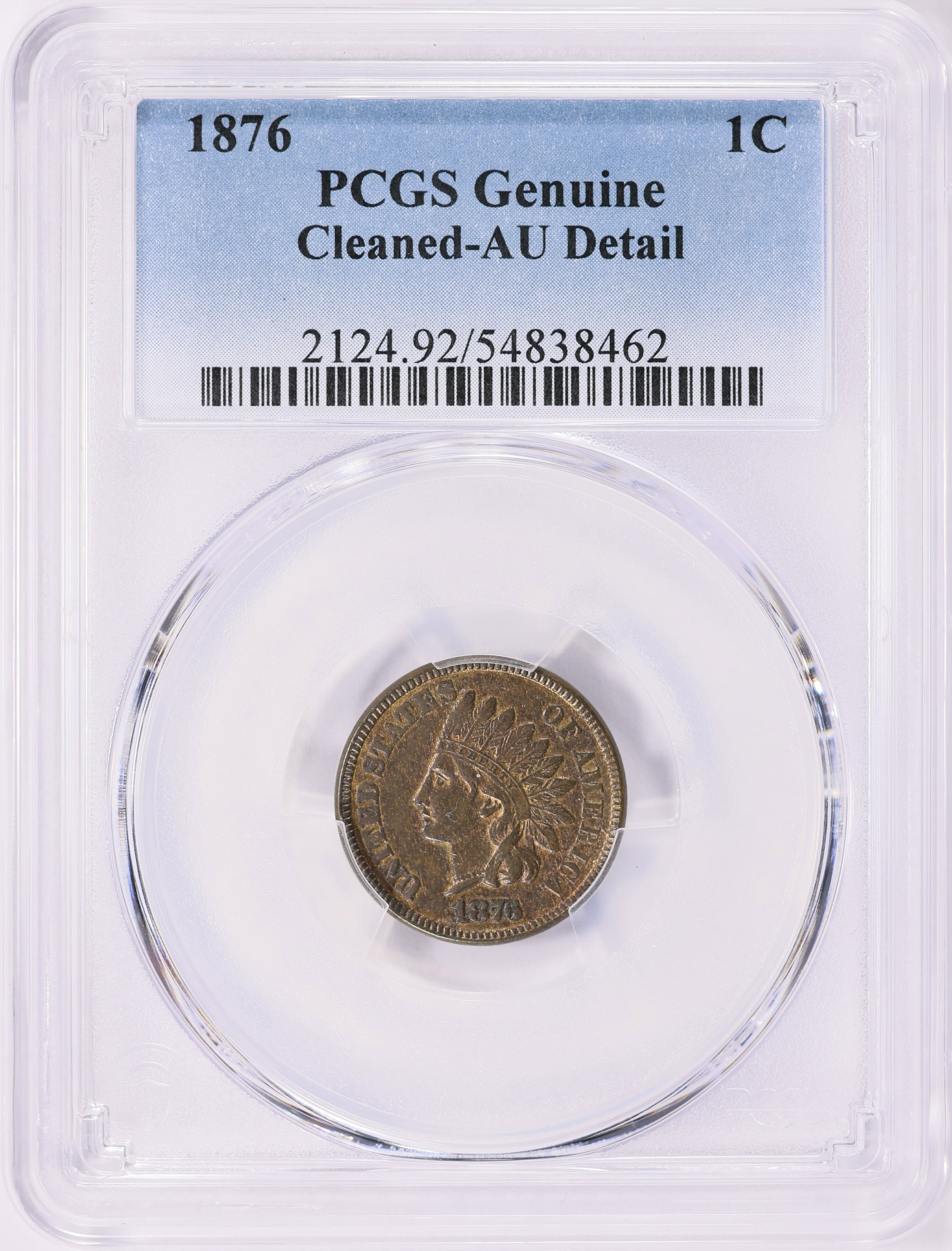 1876 Indian Cent PCGS Genuine AU Details (Item 1832850) | GreatCollections Coin Auctions