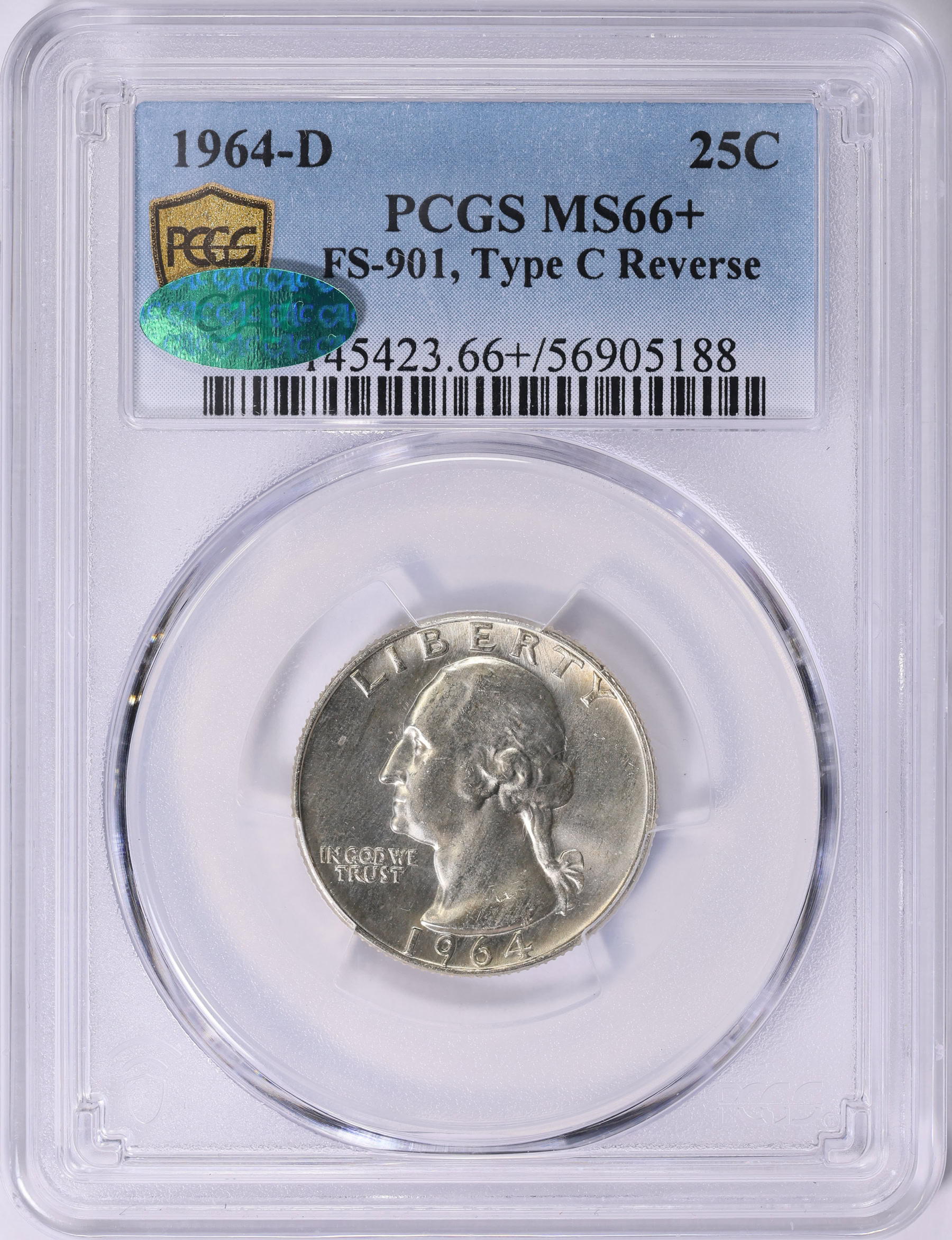 1964-D Washington Quarter Type C Reverse FS-901 PCGS MS-66+ (CAC Green) (Item 1832888 ...
