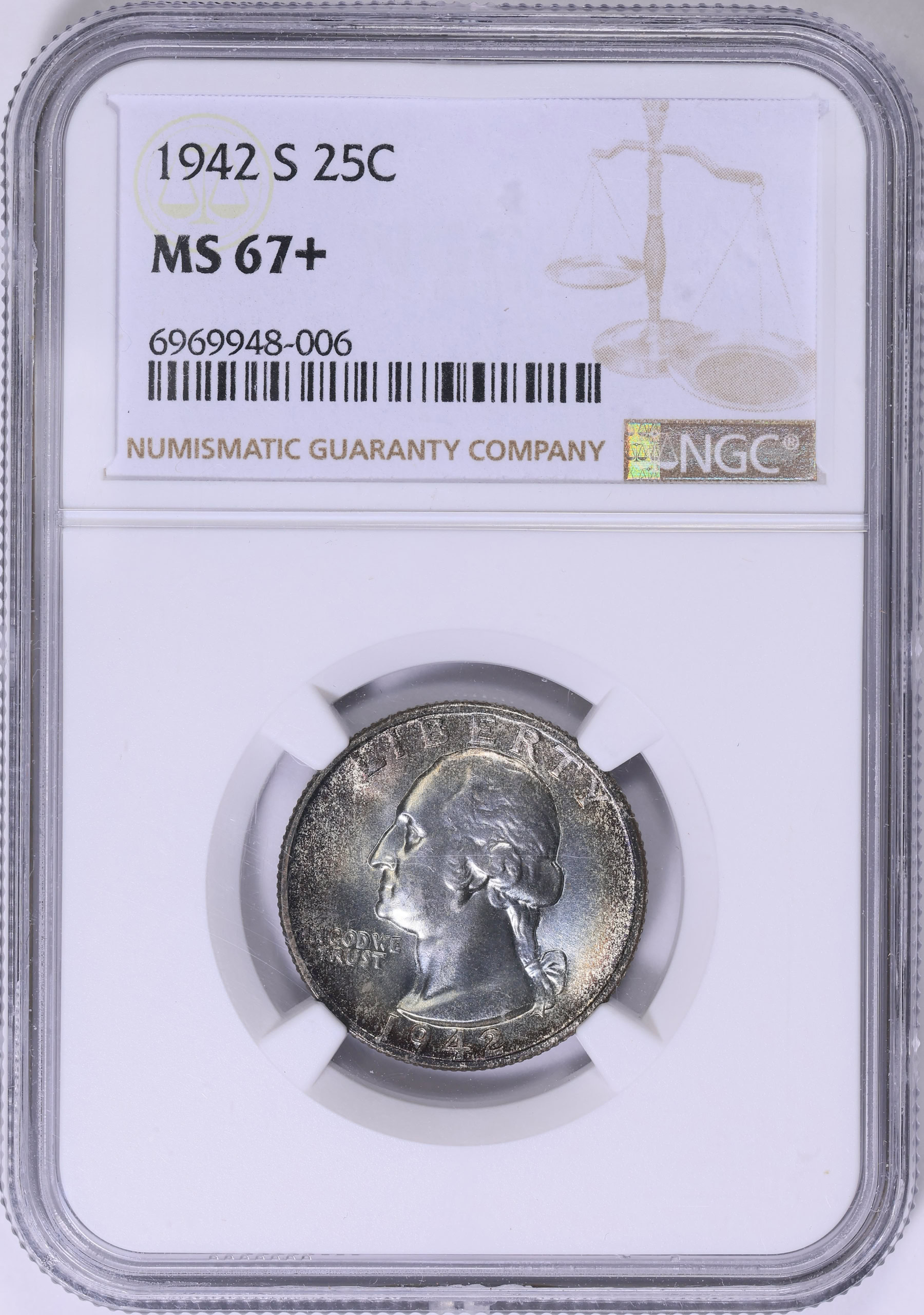 1942-S Washington Quarter NGC MS-67+ (Toned) (Item 1832892) | GreatCollections Coin Auctions