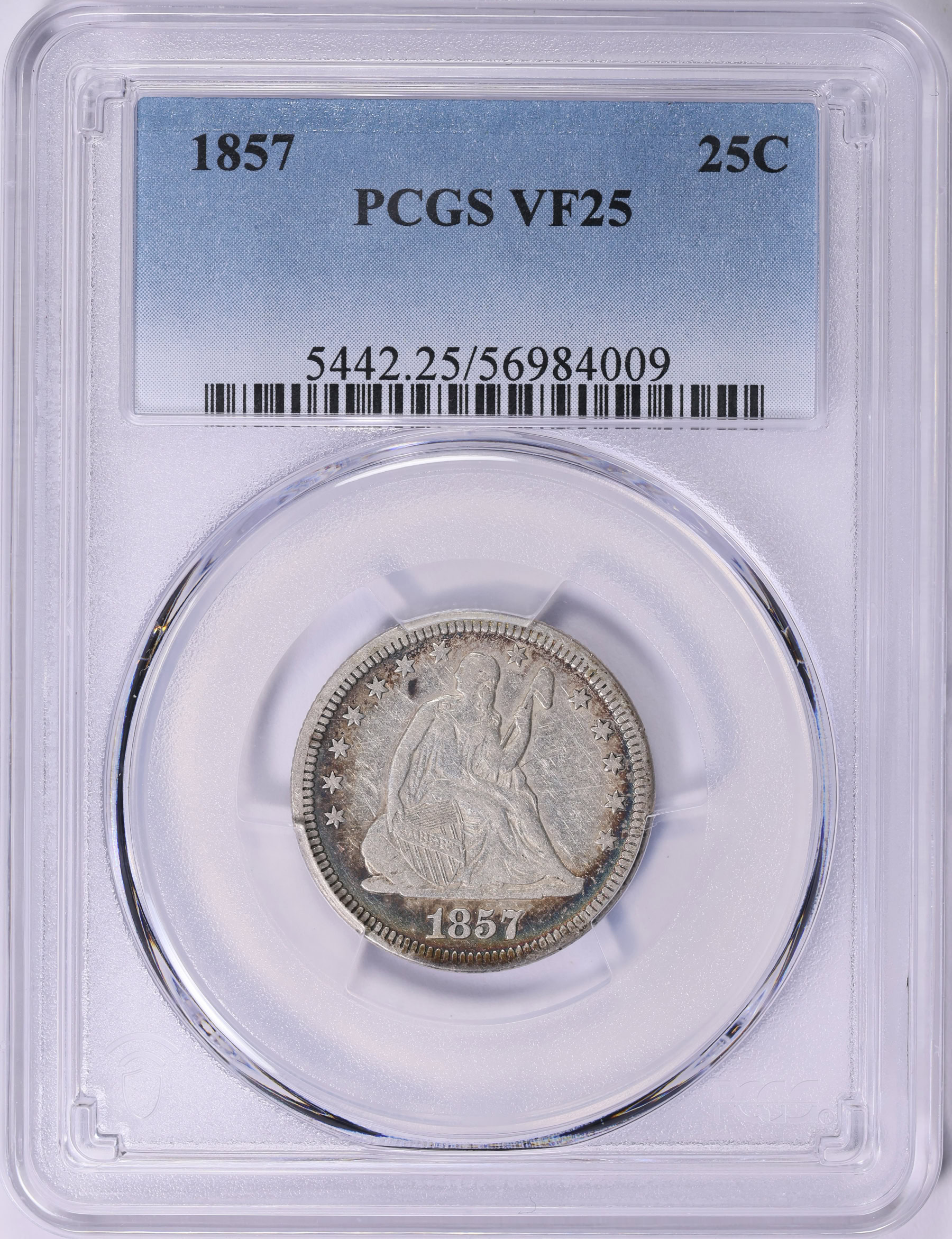 1857 Seated Liberty Quarter PCGS VF-25 (Toned) (Item 1833031) | GreatCollections Coin Auctions