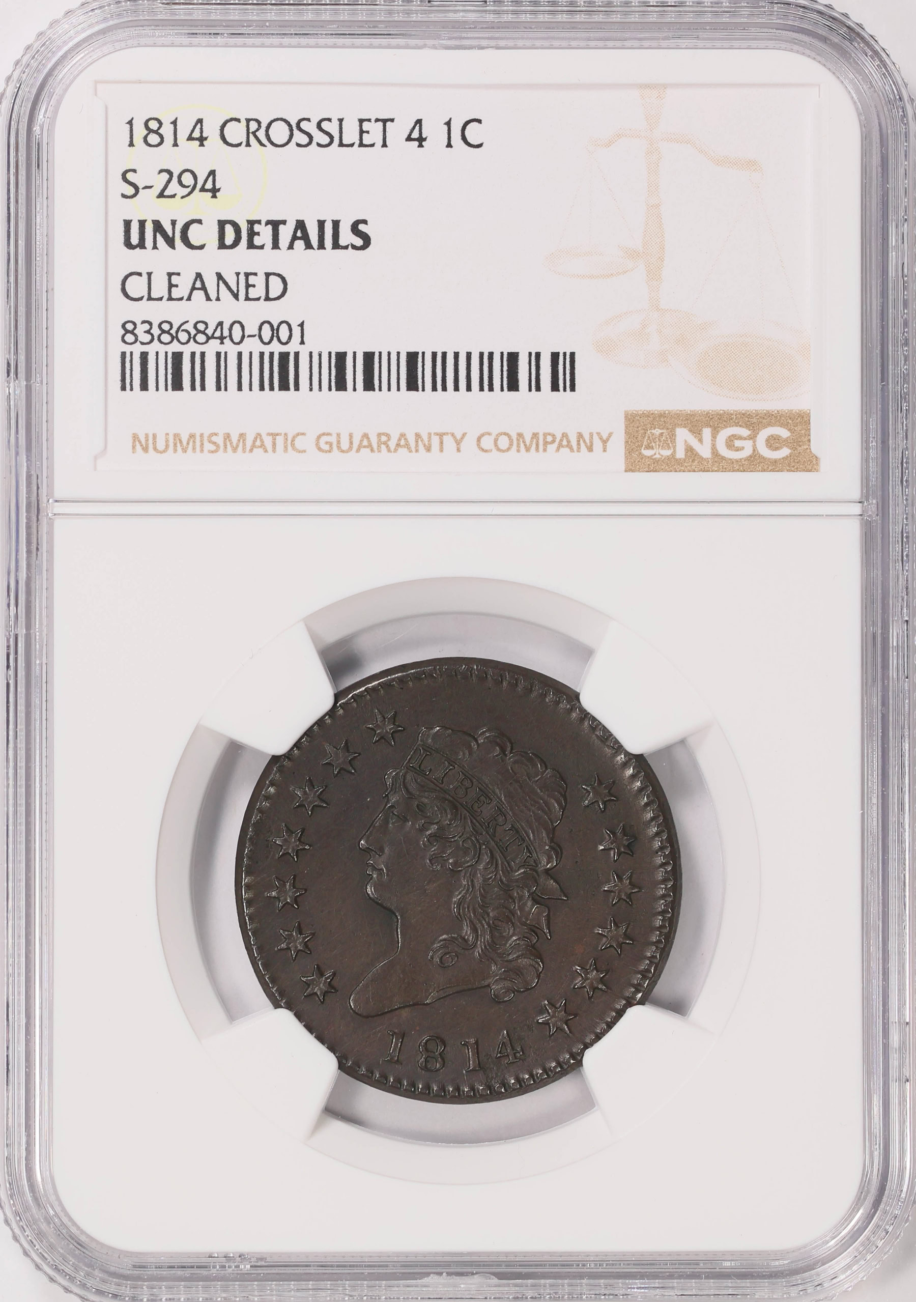1814 Classic Cent Crosslet 4 Sheldon 294 NGC Unc Details (Item 1833067) | GreatCollections Coin ...