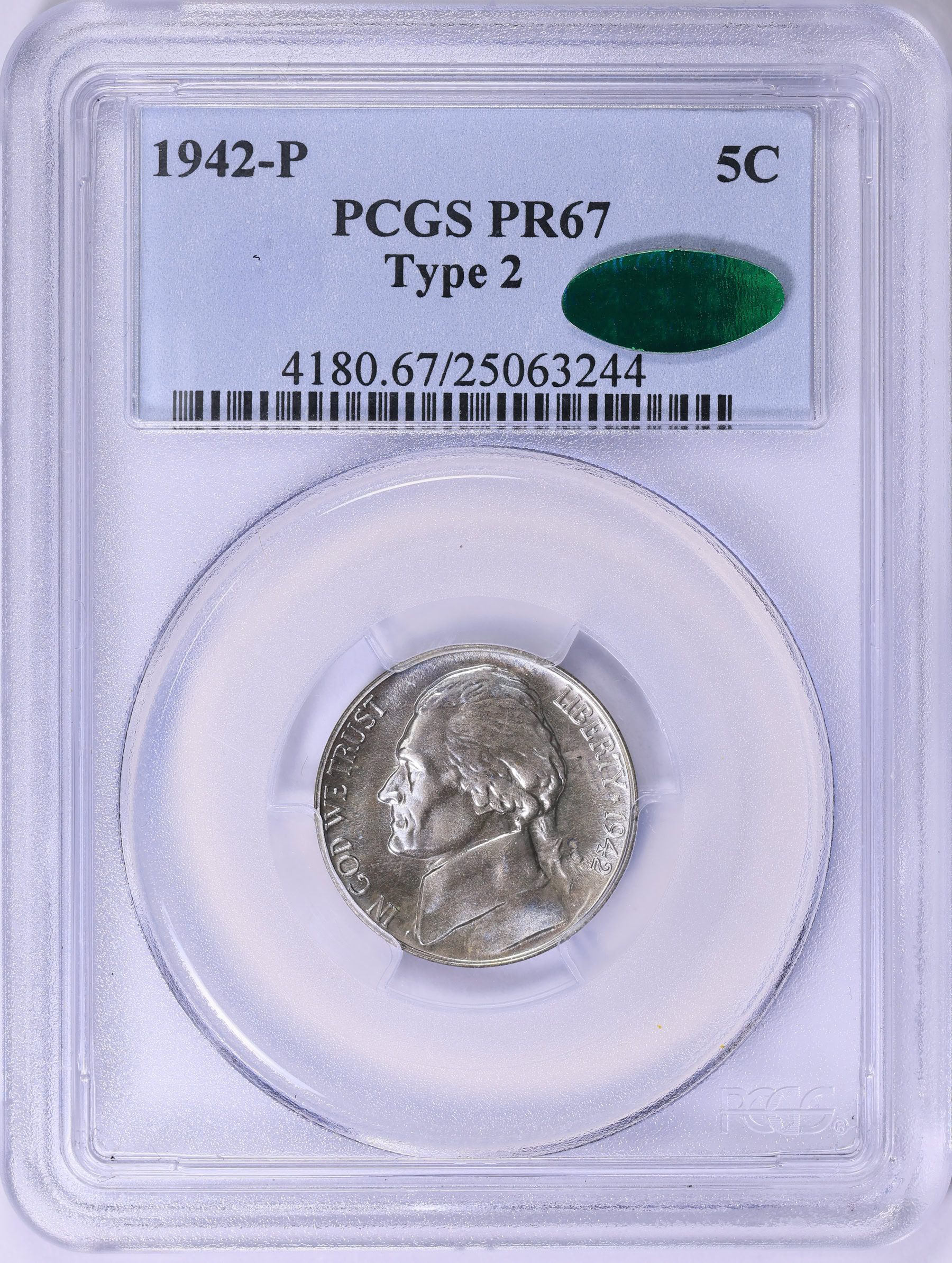 1942-P Jefferson Nickel Type 2 PCGS Proof-67 (CAC Green) (Item 1833130 ...