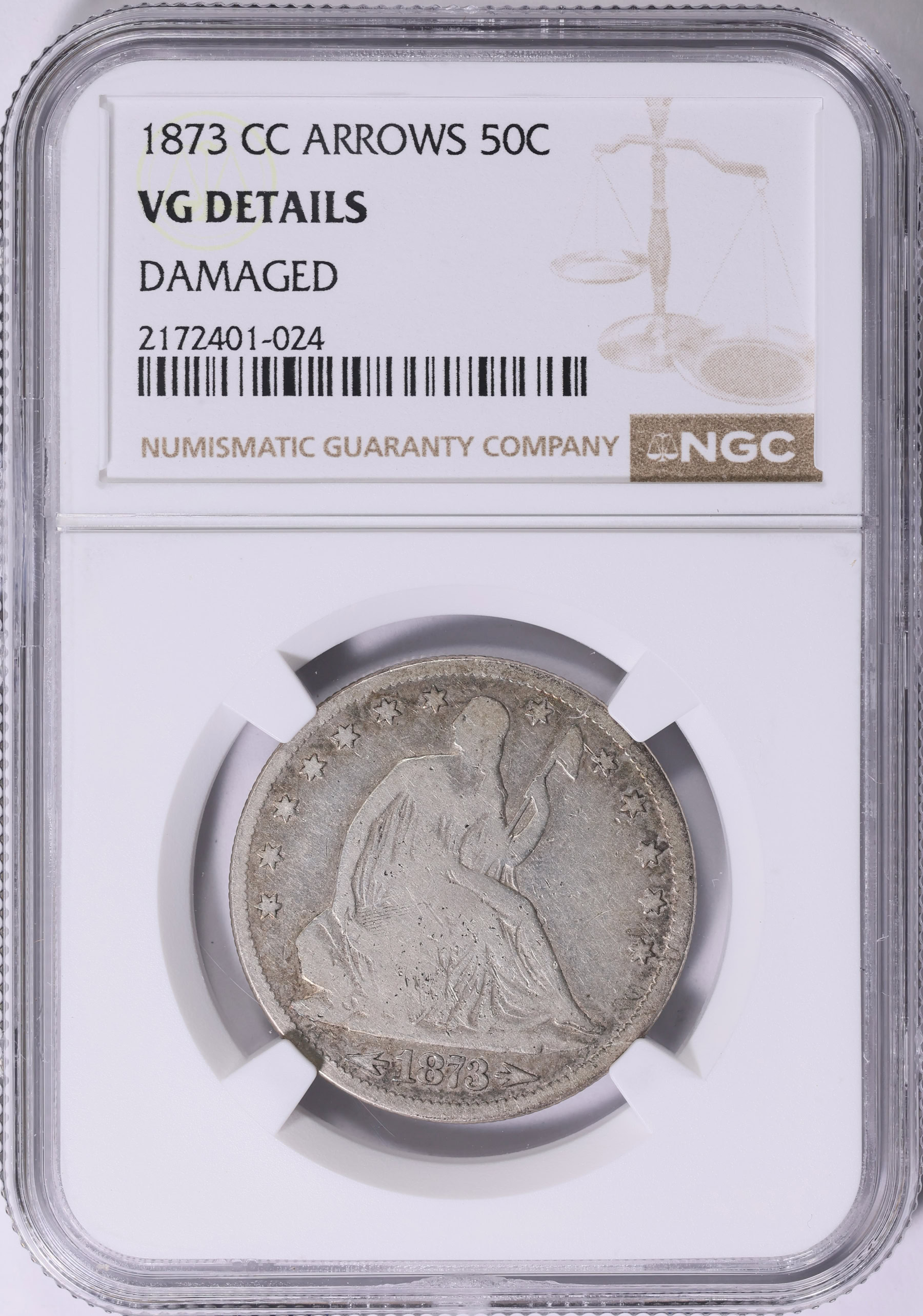 1873-CC Seated Liberty Half Dollar Arrows NGC VG Details (Item 1833312) | GreatCollections Coin ...