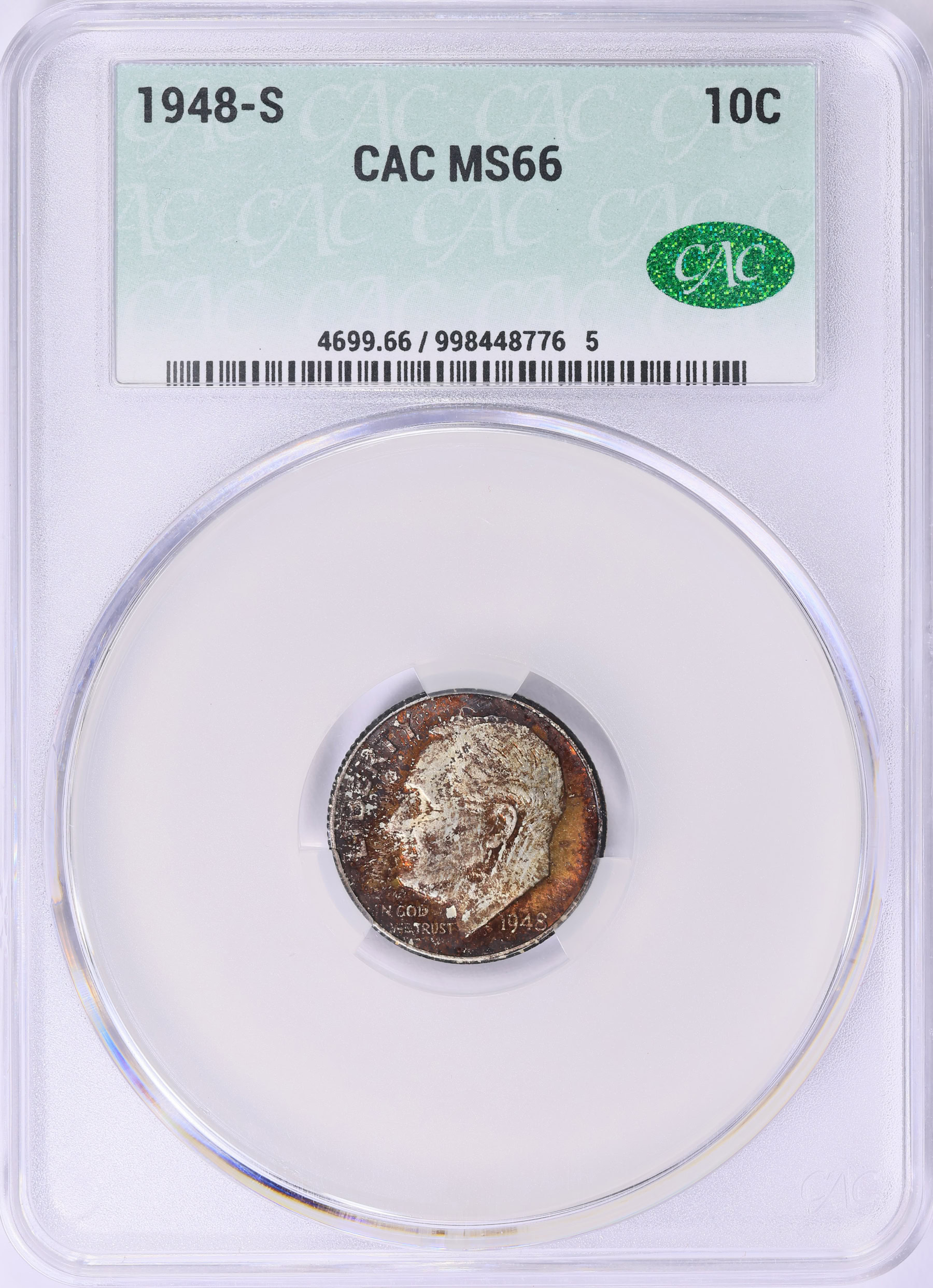 1948-S Roosevelt Dime CACG MS-66 (Toned) (Item 1833467) | GreatCollections Coin Auctions