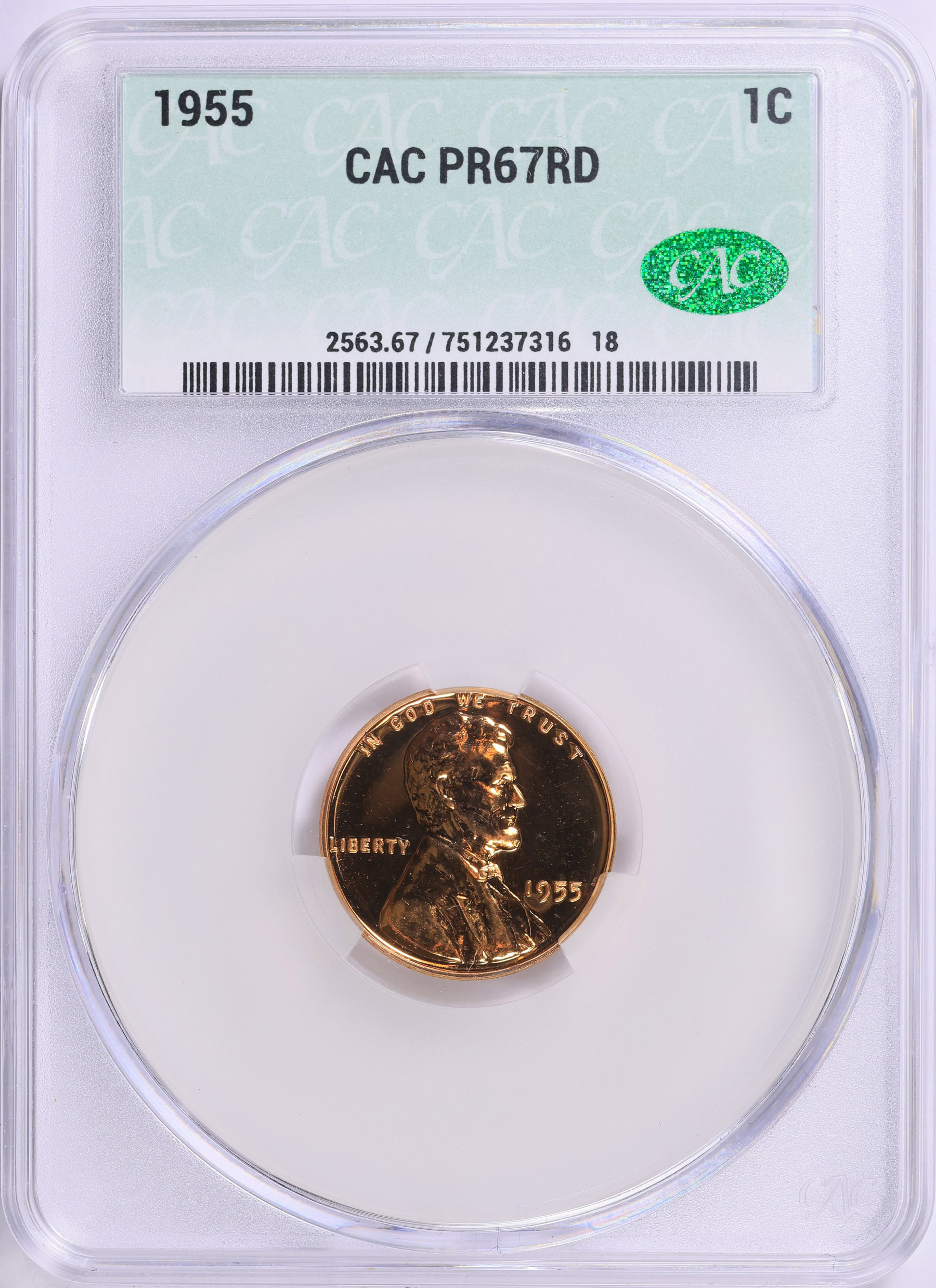 1955 Lincoln Cent CACG Proof-67 RD (Item 1833478) | GreatCollections ...