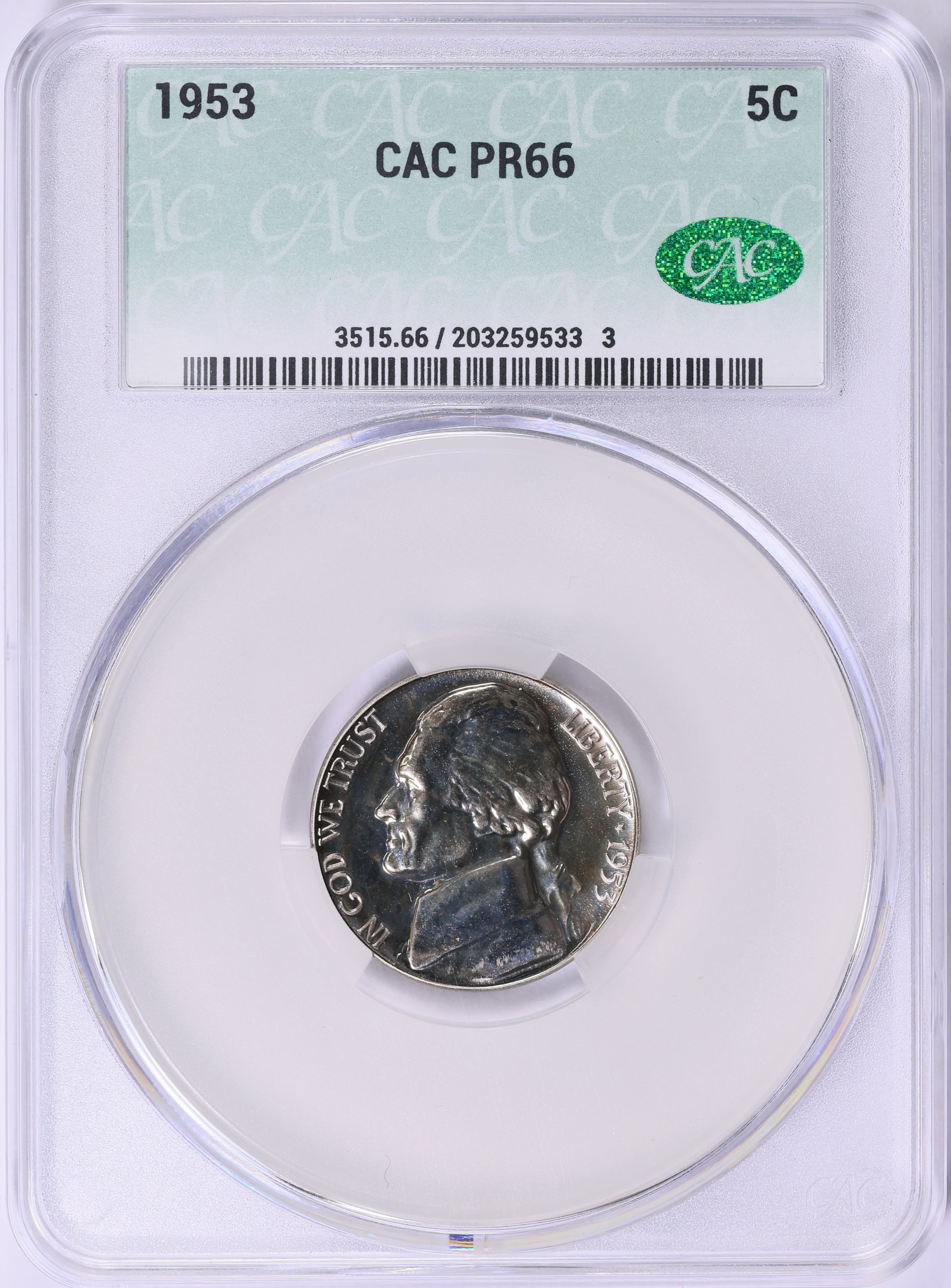 1953 Jefferson Nickel CACG Proof-66 (Toned) (Item 1833483) | GreatCollections Coin Auctions