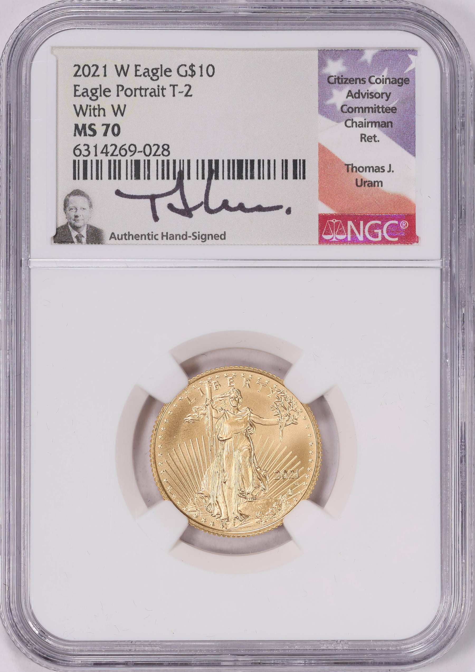 2021-W $10 Quarter-Ounce Gold American Eagle Type 2 Unfinished Proof Dies NGC MS-70 (Thomas J ...