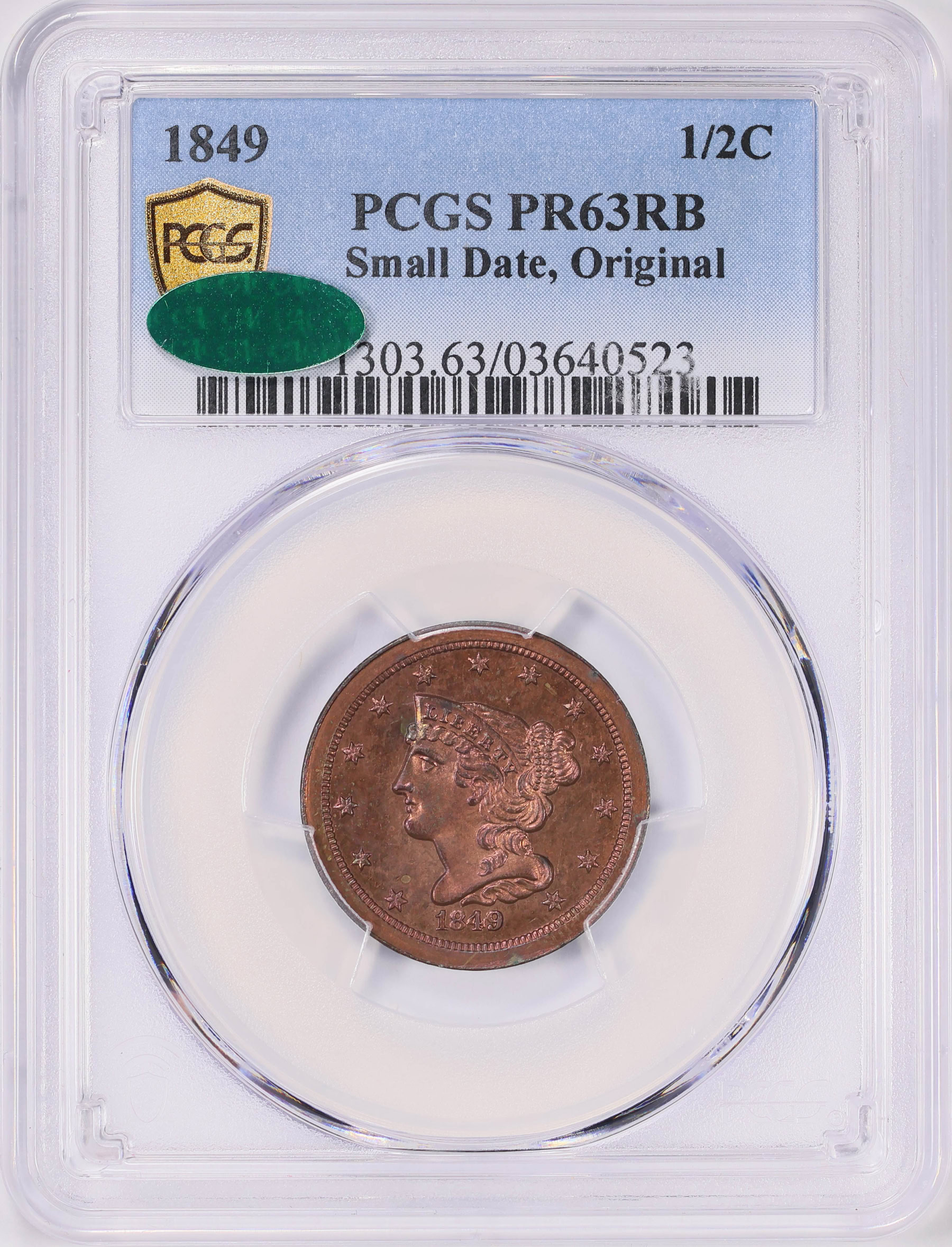 1849 Braided Hair Half Cent Original, Small Date PCGS Proof-63 RB (CAC ...