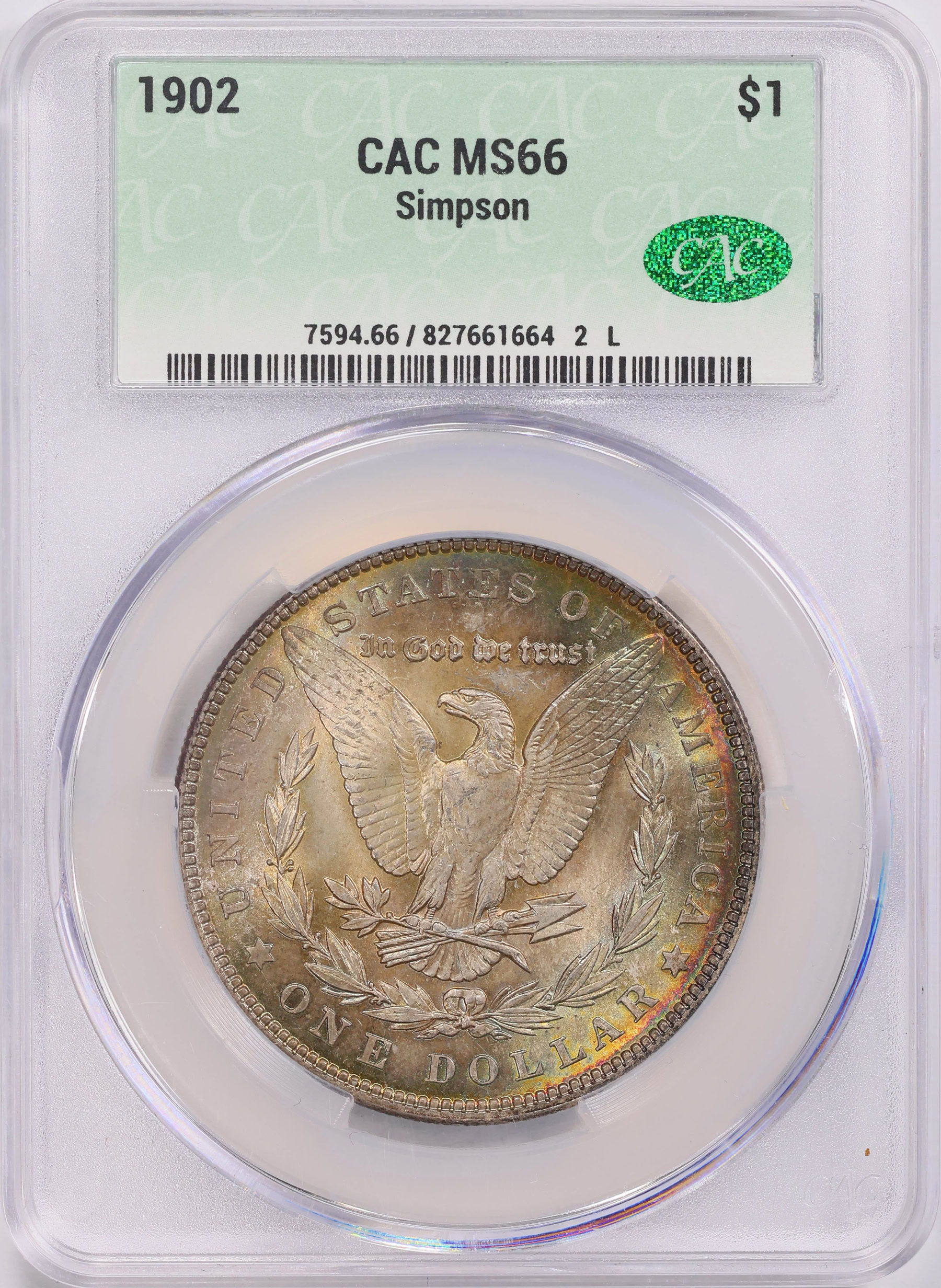 1902 Morgan Silver Dollar CACG MS-66 (Toned) (Item 1833855) | GreatCollections Coin Auctions