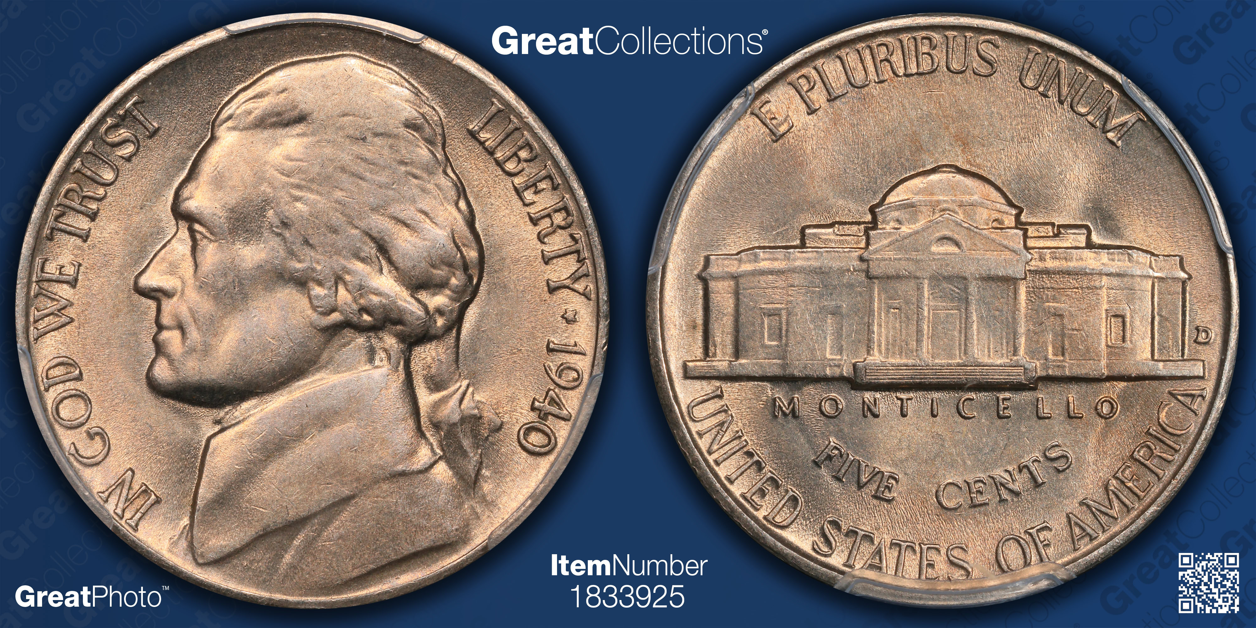 1940-D Jefferson Nickel PCGS MS-62 FS (Item 1833925) | GreatCollections ...