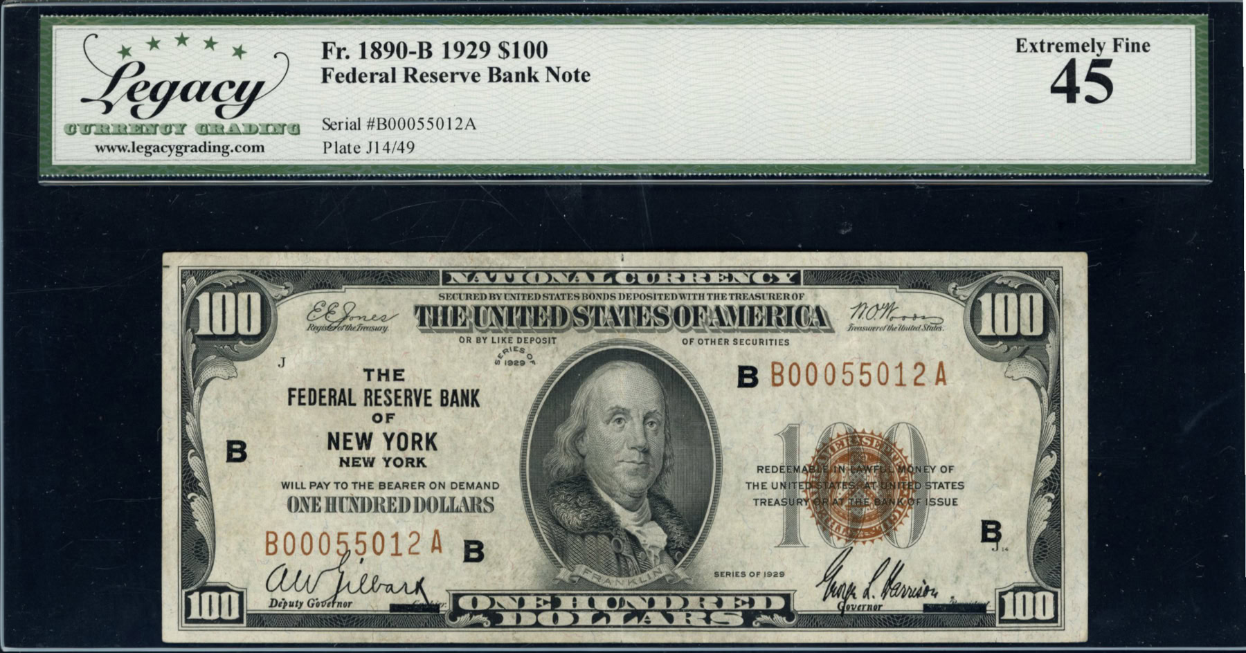 Fr. 1890-B (BA Block) 1929 $100 New York Federal Reserve Bank Note Jones / Woods Legacy ...