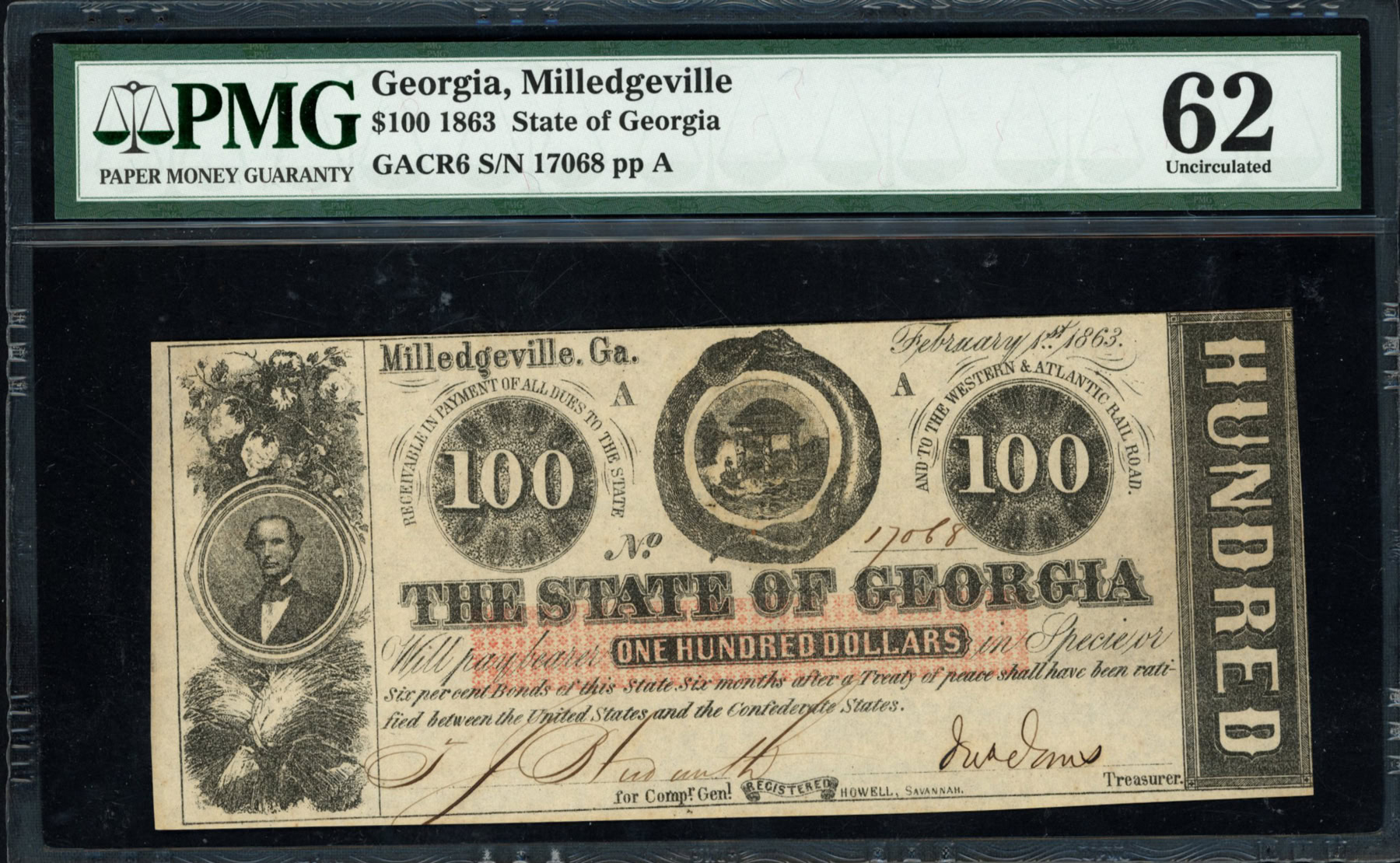 1863 Milledgeville, Georgia State of Georgia $100 Note PMG Uncirculated ...