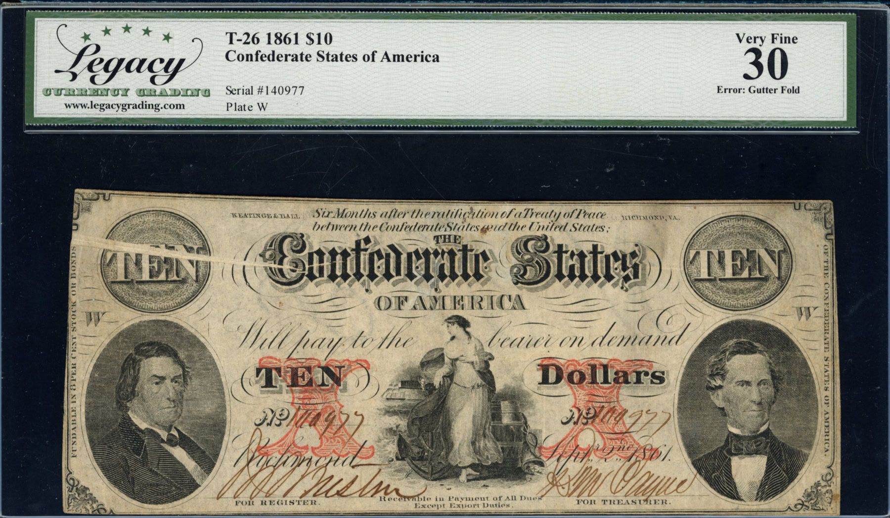 T-26 Confederate States of American 1861 $10 Error Note *Gutter Fold ...