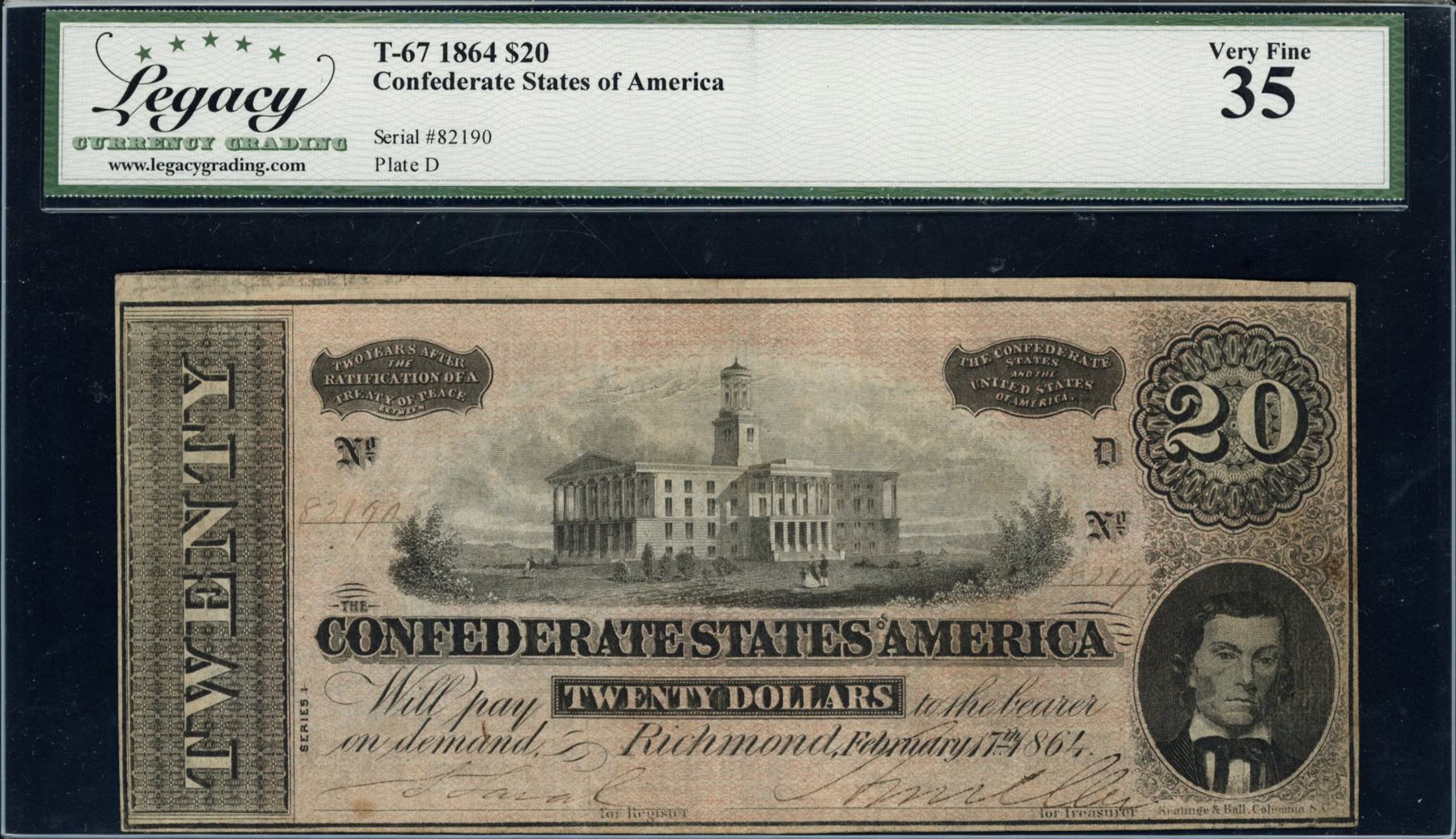 T-67 Confederate States of America 1864 $20 Note Legacy Very Fine 35 ...