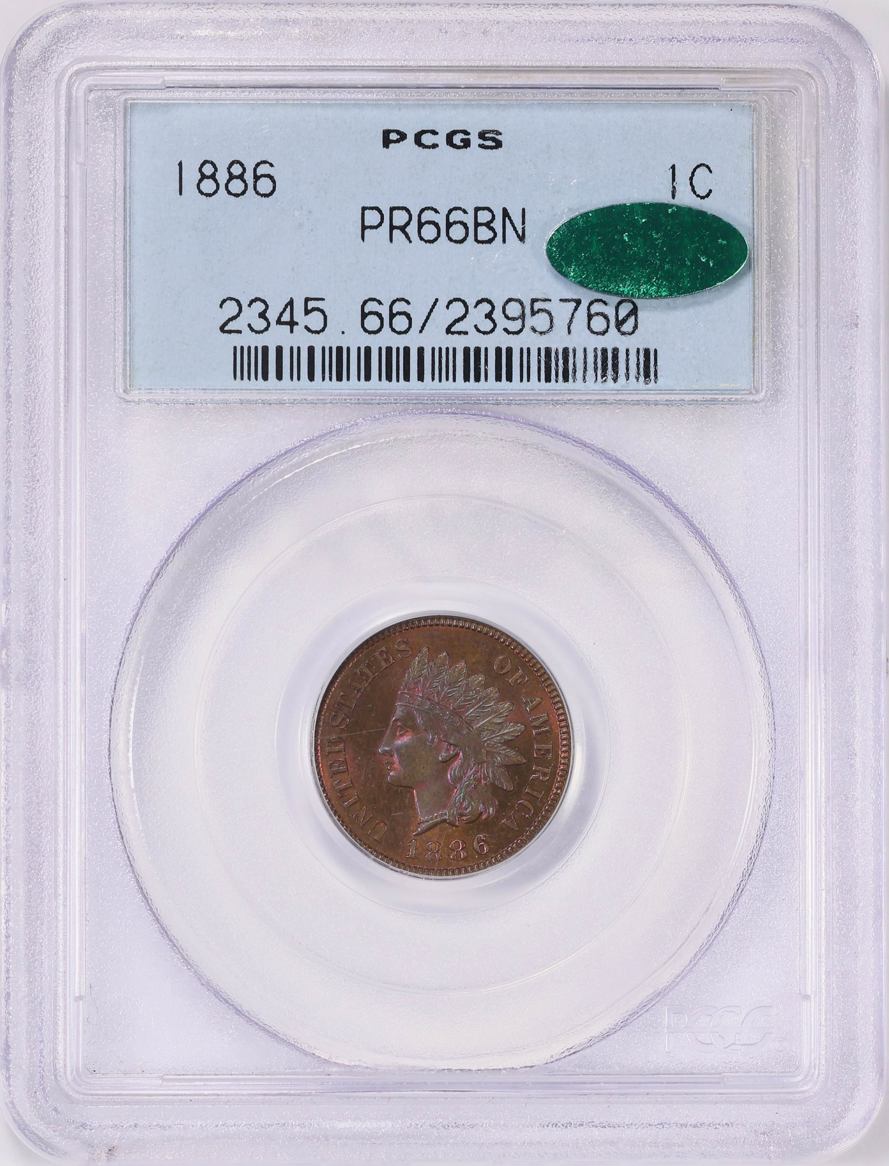 1886 Indian Cent Variety 1 PCGS Proof-66 BN (CAC Green) OGH (Toned) (Item 1834028 ...