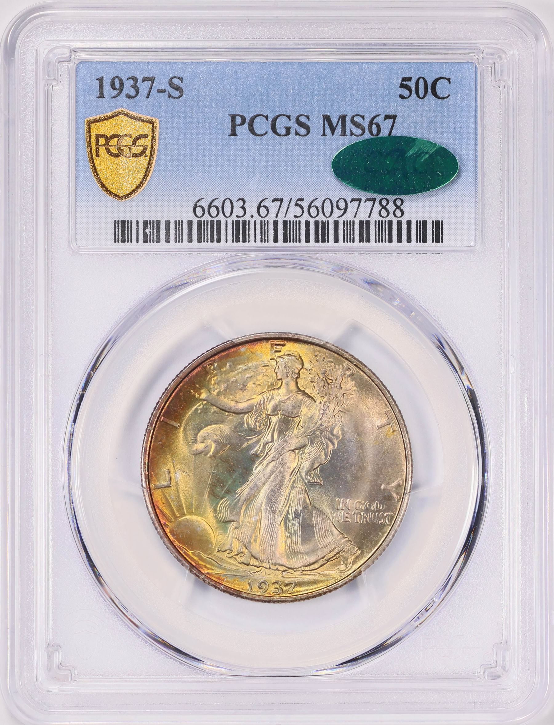1937-S Walking Liberty Half Dollar PCGS MS-67 (CAC Green) (Toned) (Item 1834030 ...