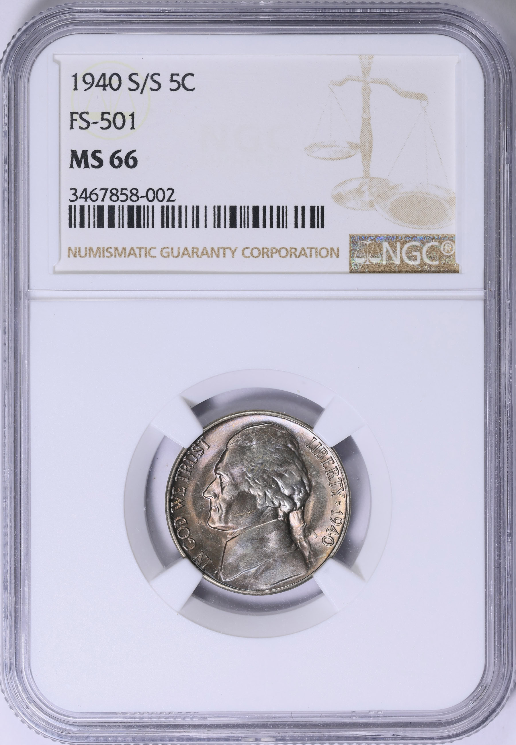1940-S/S Jefferson Nickel FS-501 NGC MS-66 (Toned) (Item 1834074) | GreatCollections Coin Auctions
