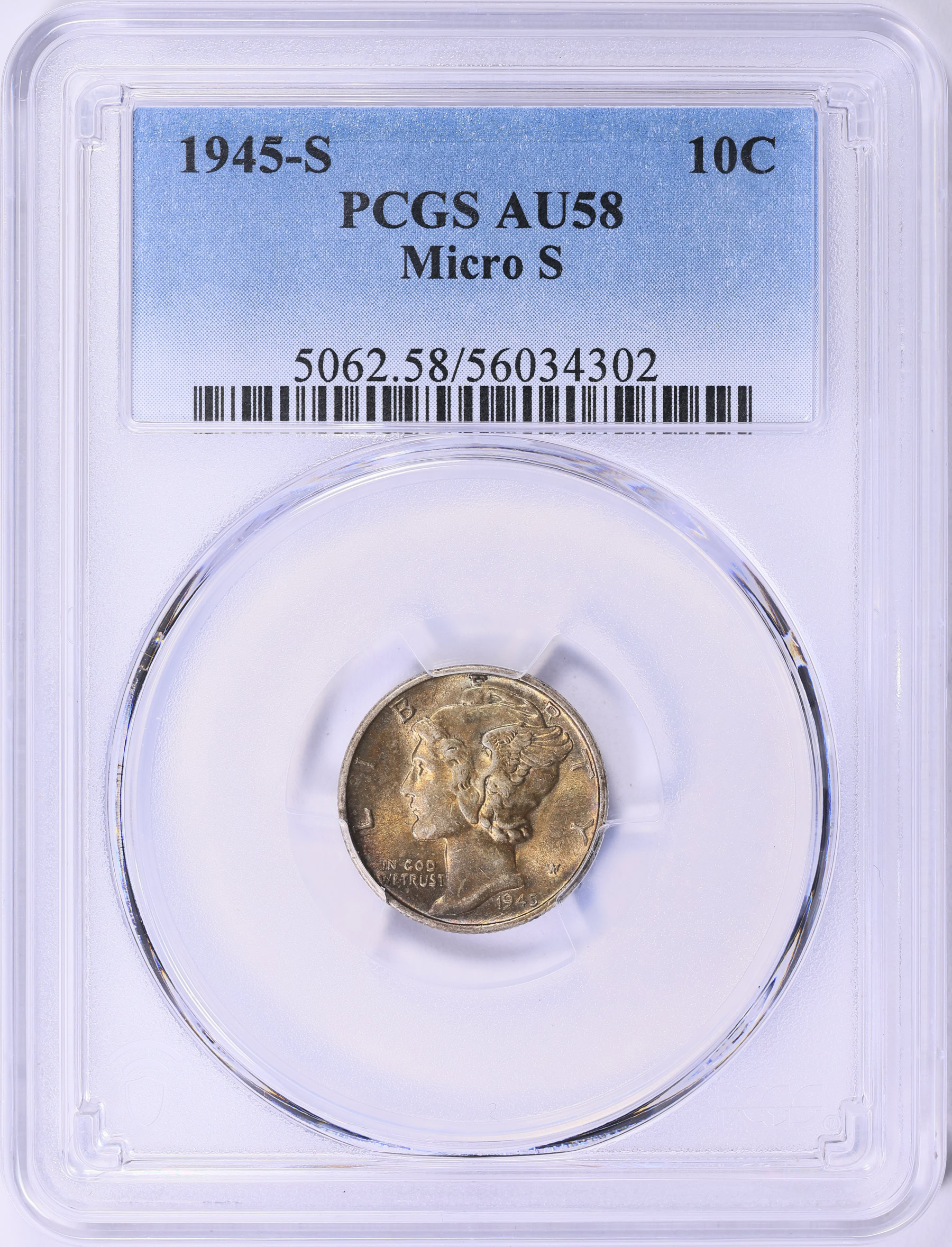 1945-S Mercury Dime Micro S PCGS AU-58 (Toned) (Item 1834121) | GreatCollections Coin Auctions
