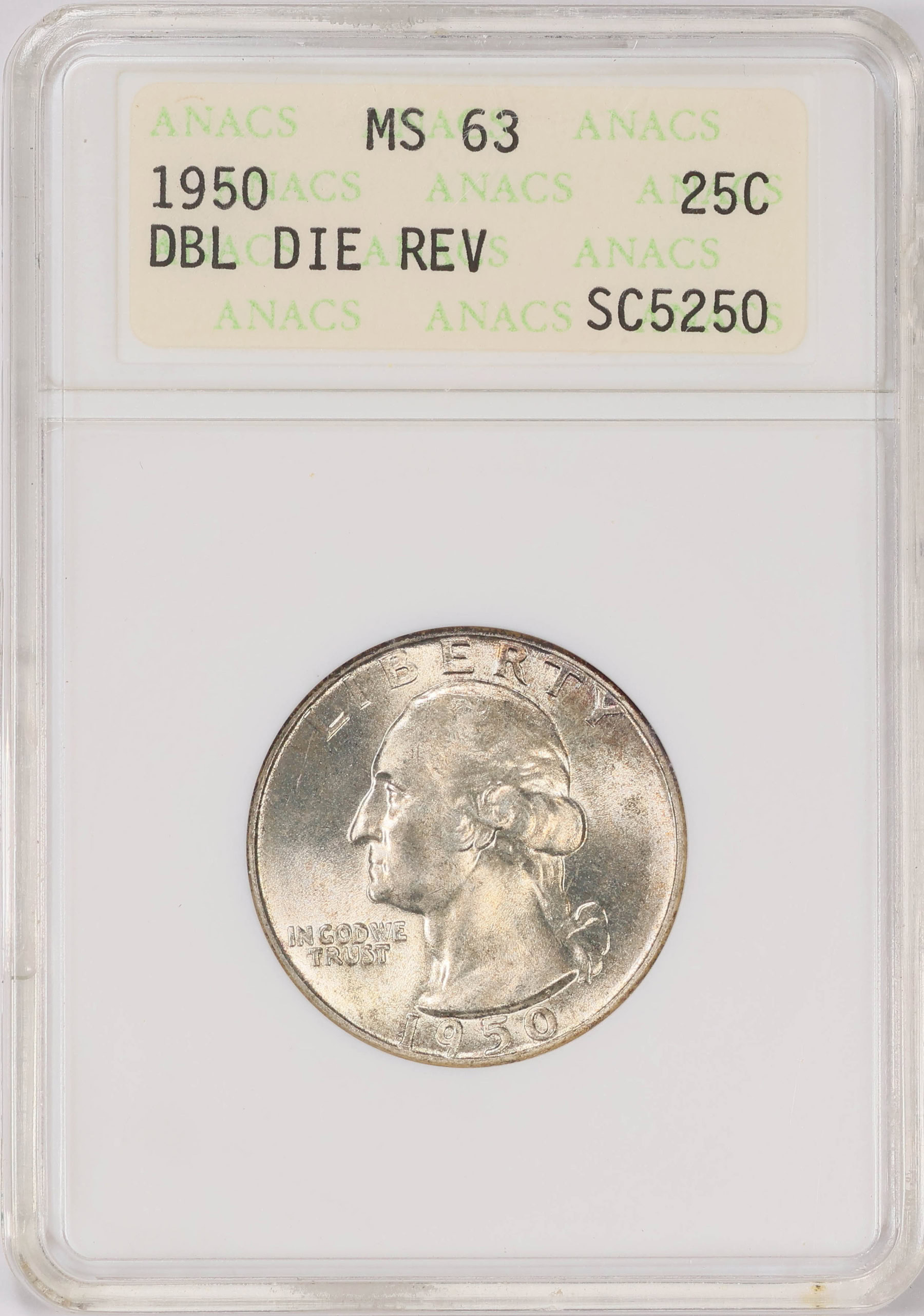 1950 Washington Quarter Doubled Die Reverse ANACS MS-63 OH (Item ...