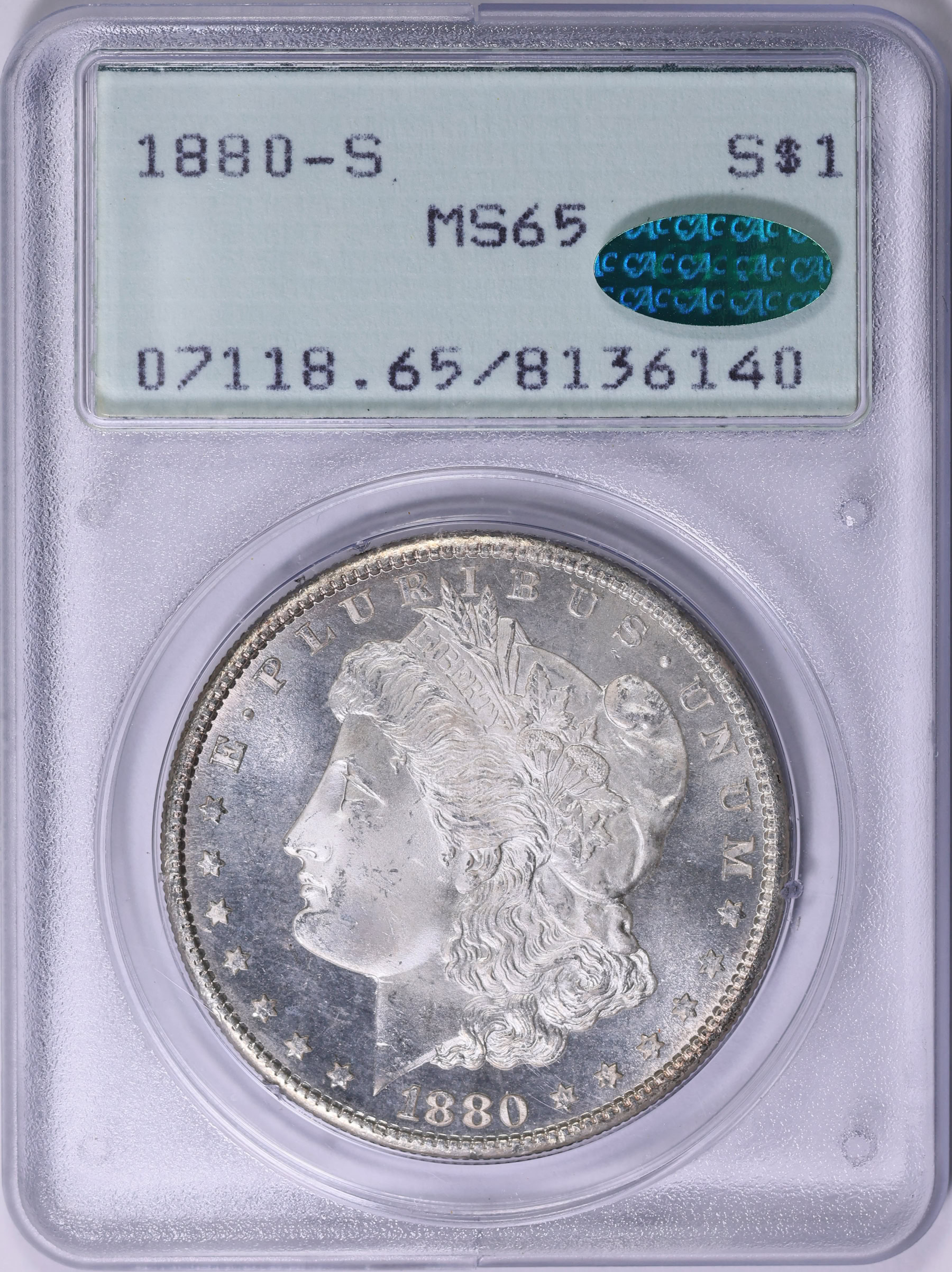 1880-S Morgan Silver Dollar PCGS MS-65 (CAC Green) OGH (1st Gen) (Item 1834357 ...