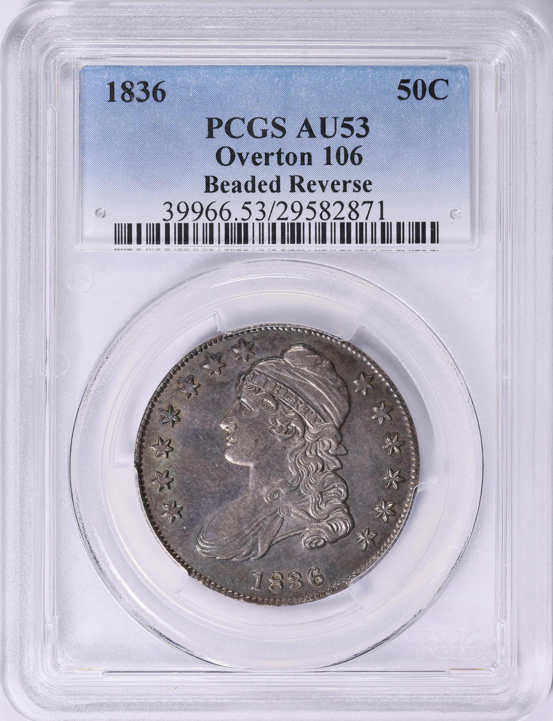 1836 Capped Bust Half Dollar Beaded Reverse Overton 106 PCGS AU-53 ...