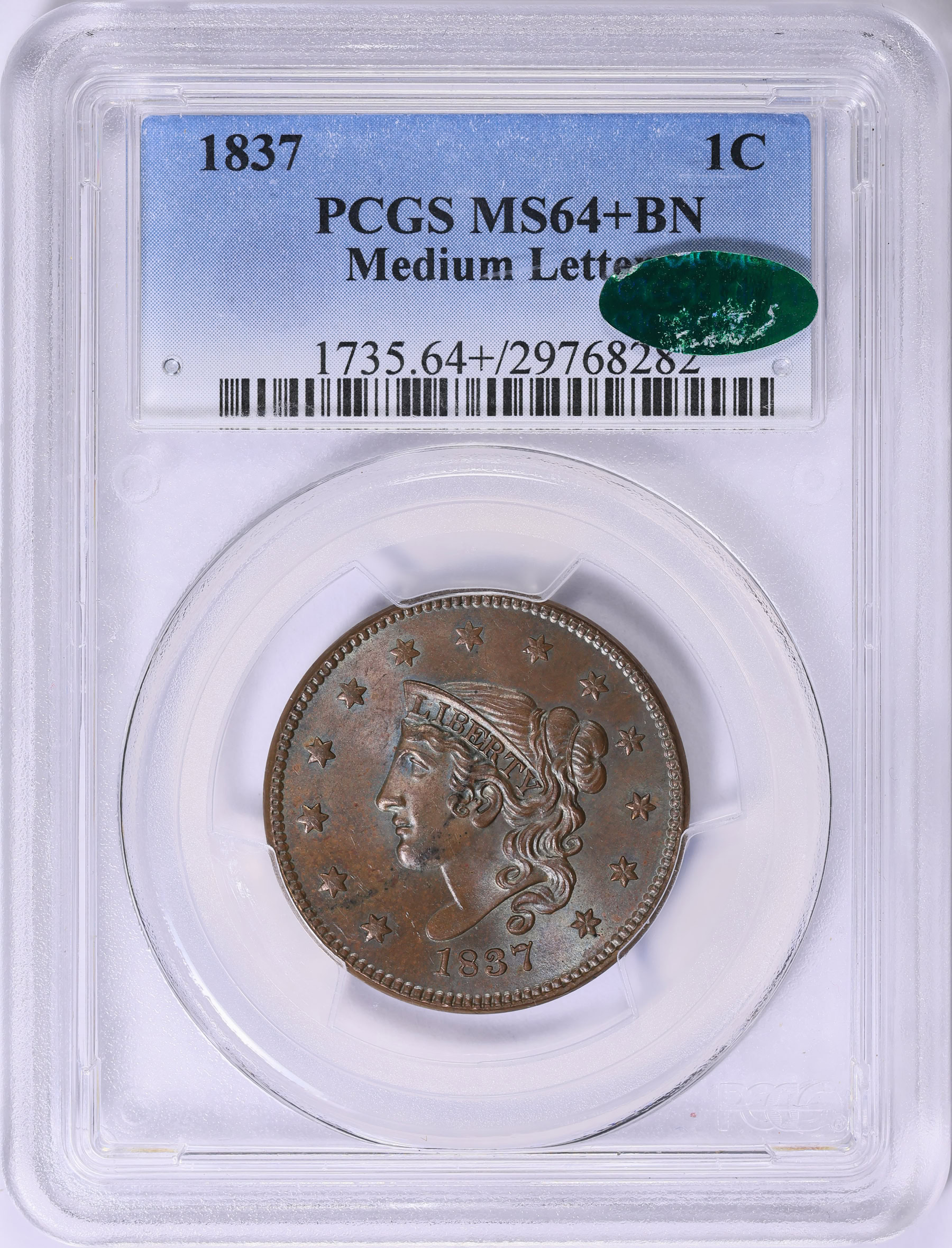 1837 Matron Cent Medium Letters PCGS MS-64+ BN (CAC Green) (Item 1834451) | GreatCollections ...