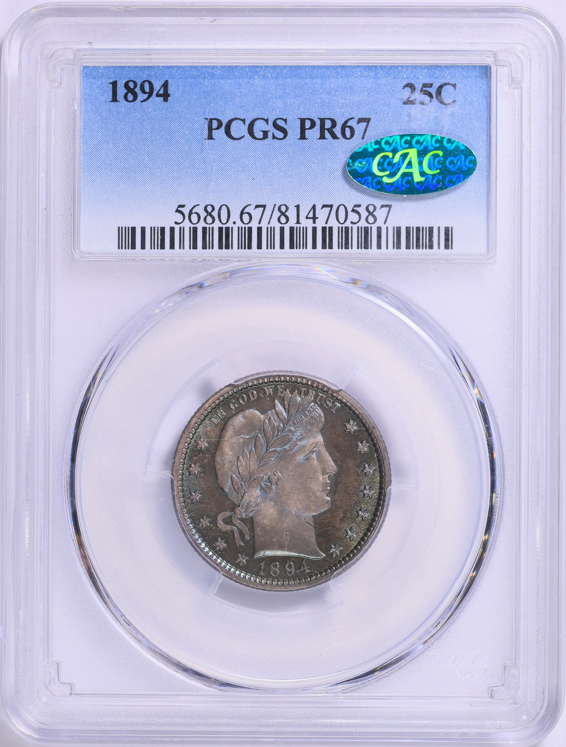 1894 Barber Quarter PCGS Proof-67 (CAC Green) (Toned) (Item 1834455) | GreatCollections Coin ...