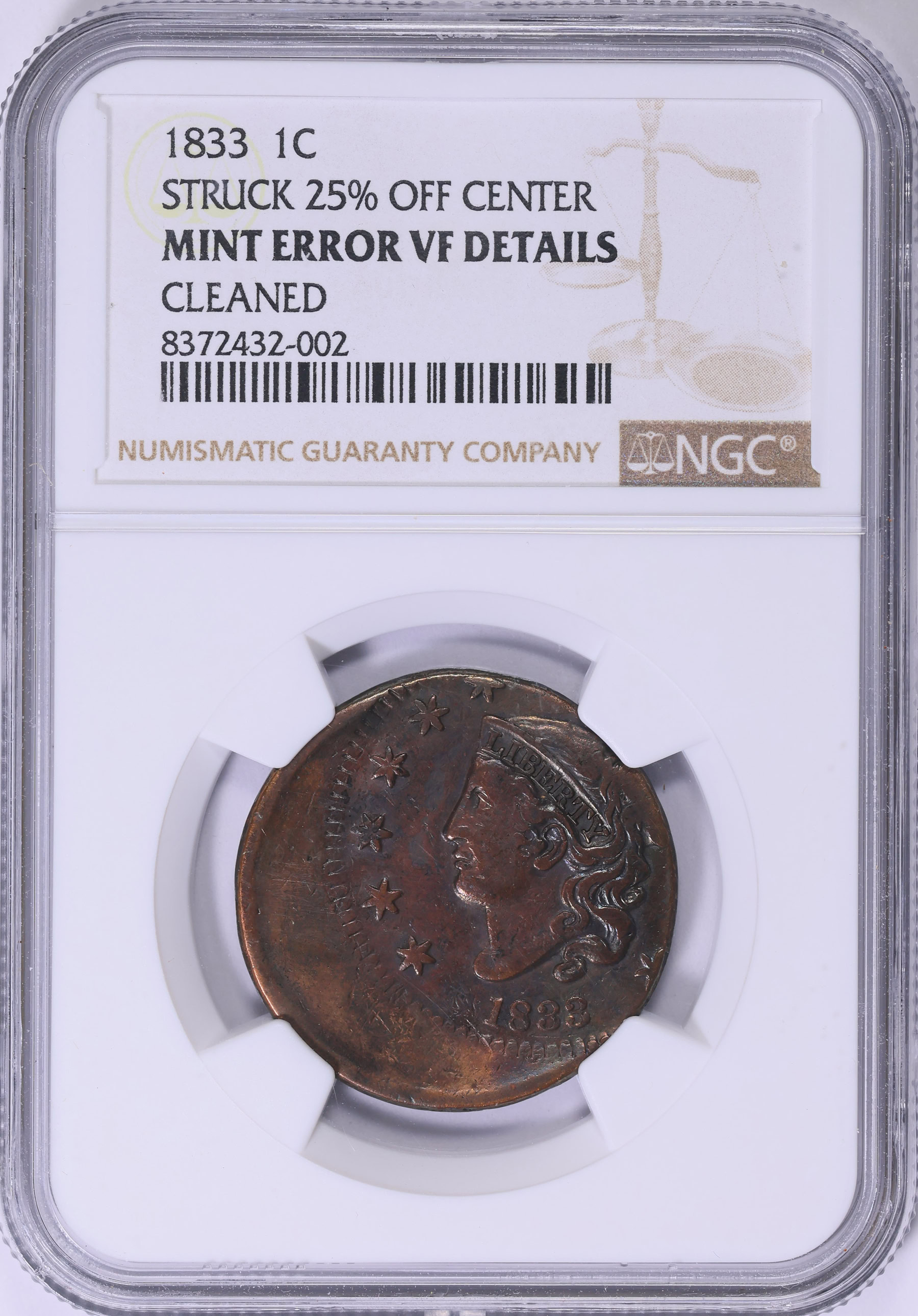 Mint Error 1833 Matron Cent Struck 25% Off Center NGC VF Details | NGC ...