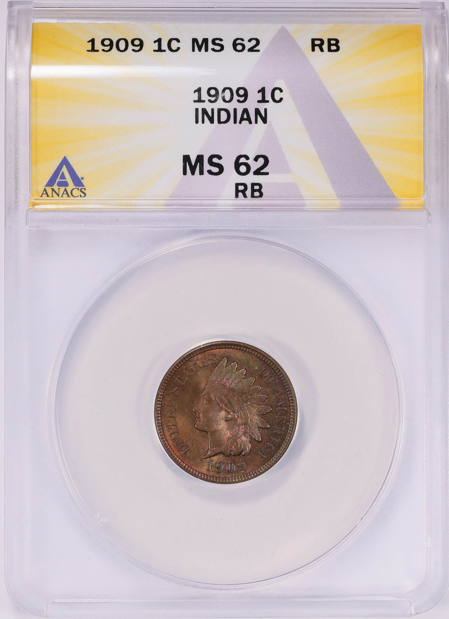 1909 Indian Cent ANACS MS-62 RB (Toned) (Item 1834466) | GreatCollections Coin Auctions